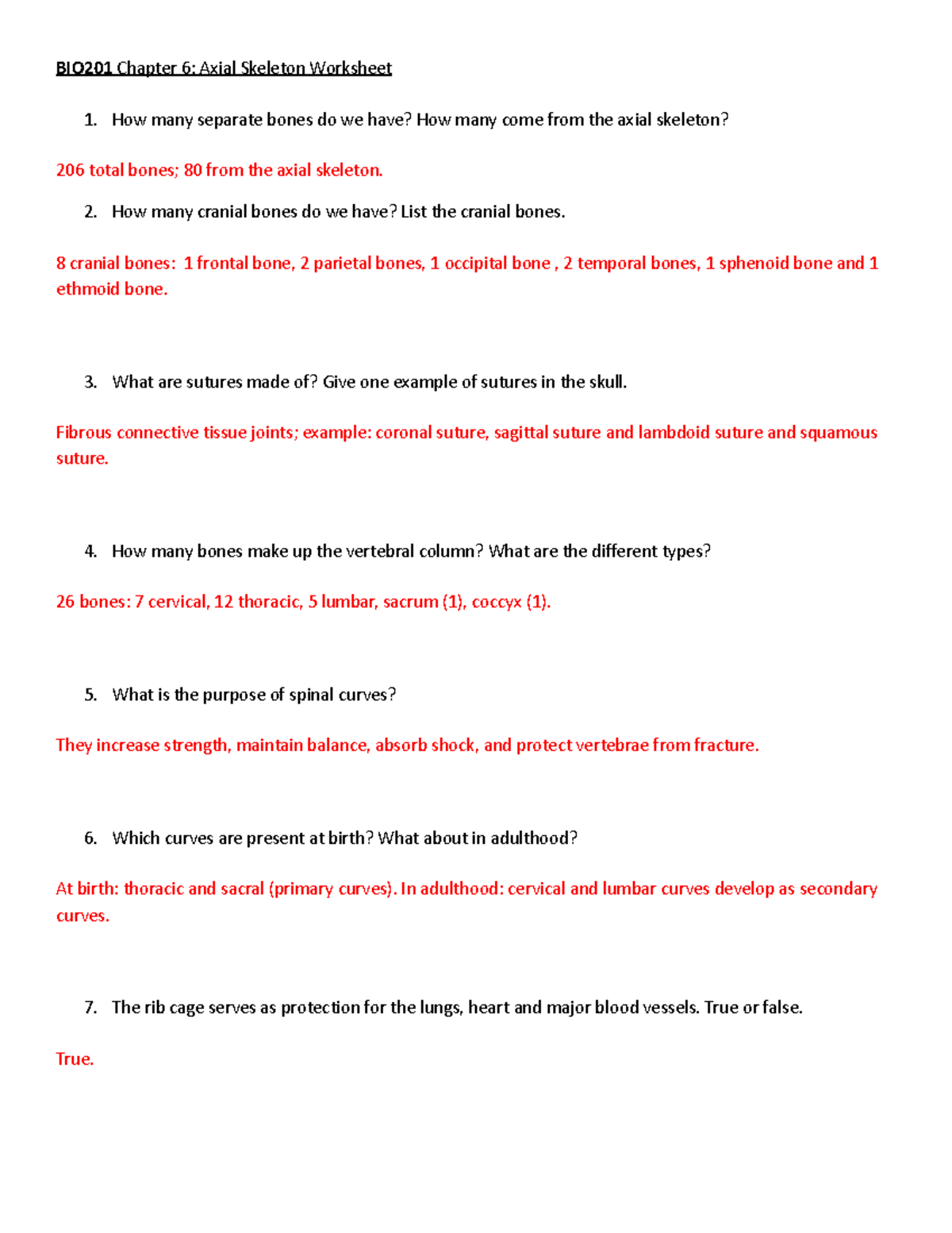 BIO201 Answer Key: Axial & Appendicular Skeleton Worksheets - Studocu