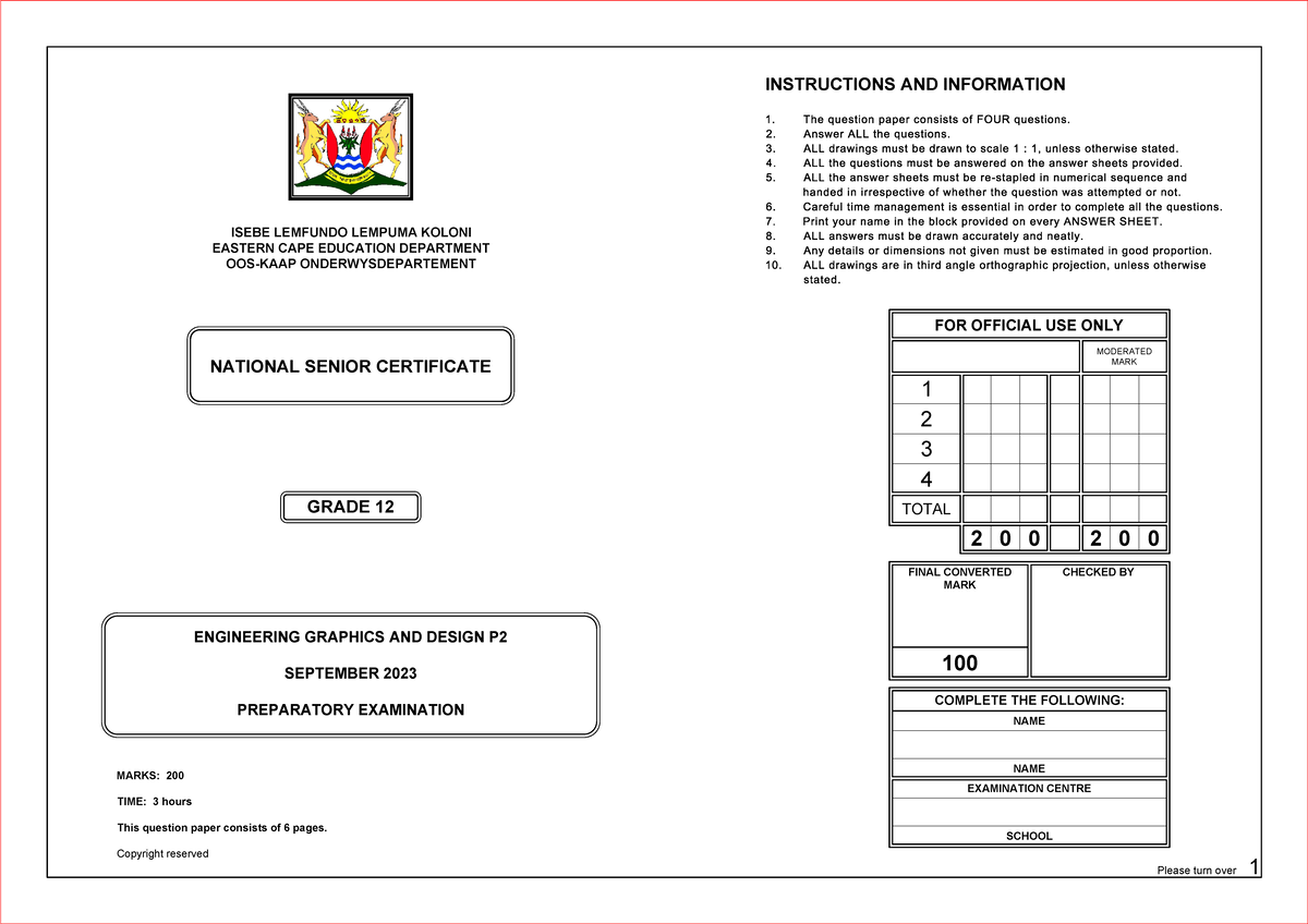 EGD P2 PRELIMINARY EXAMINATION SEPT 2023 - ENGINEERING GRAPHICS - Studocu