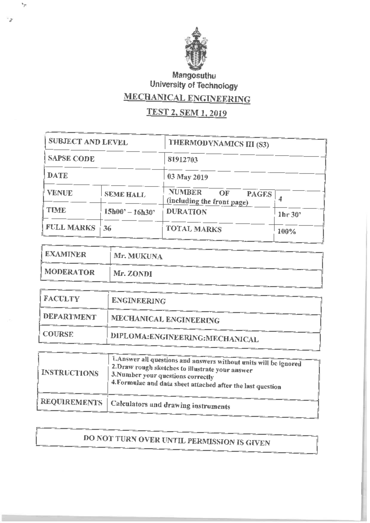 MUT MECHANICAL ENGINEERING THERMODYNAMICS TEST 2 SEM 1, 2019 - Studocu