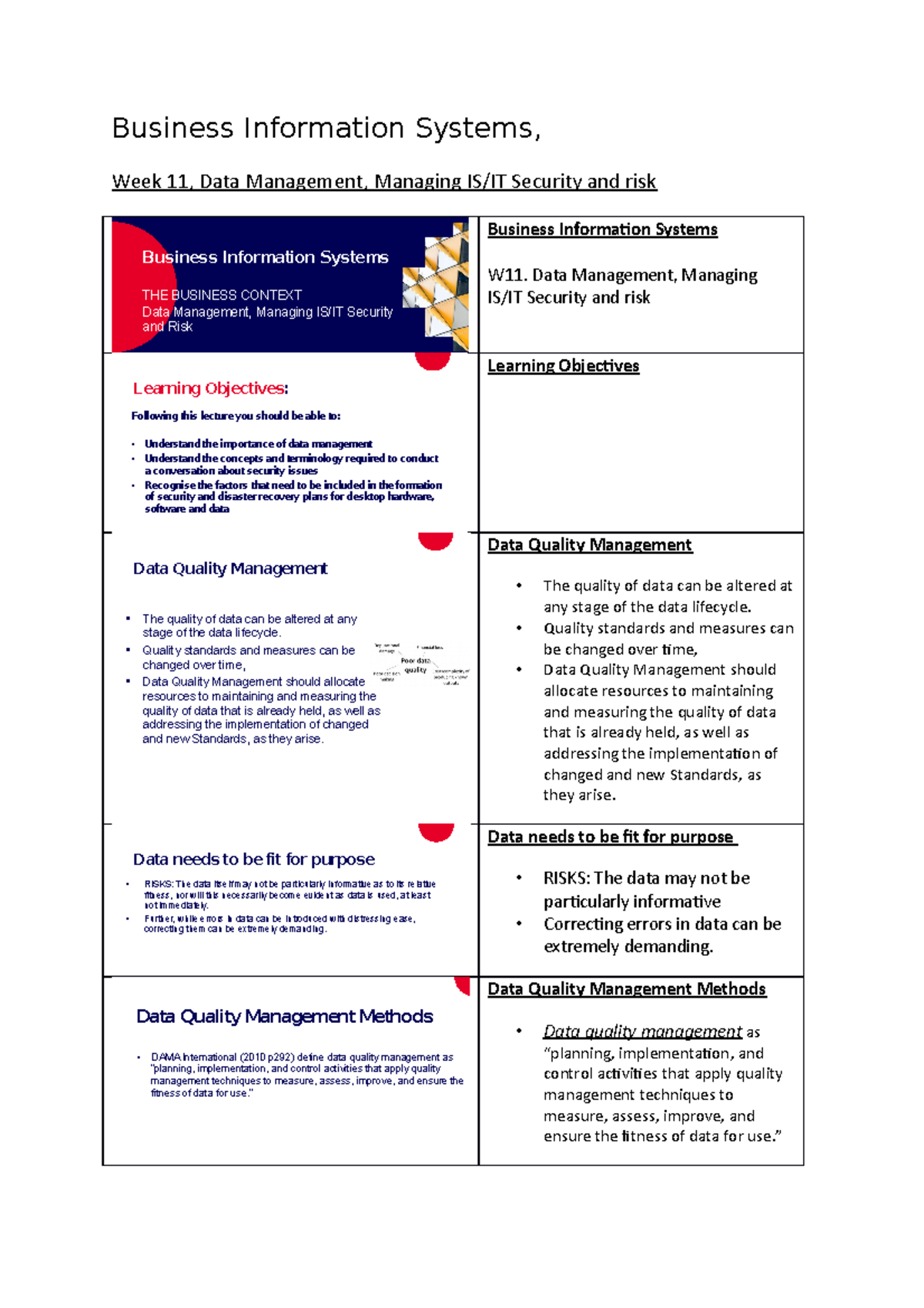 Business IS, W11 & T11 - Lecture notes Week 11, Tutorial 11 - Business ...