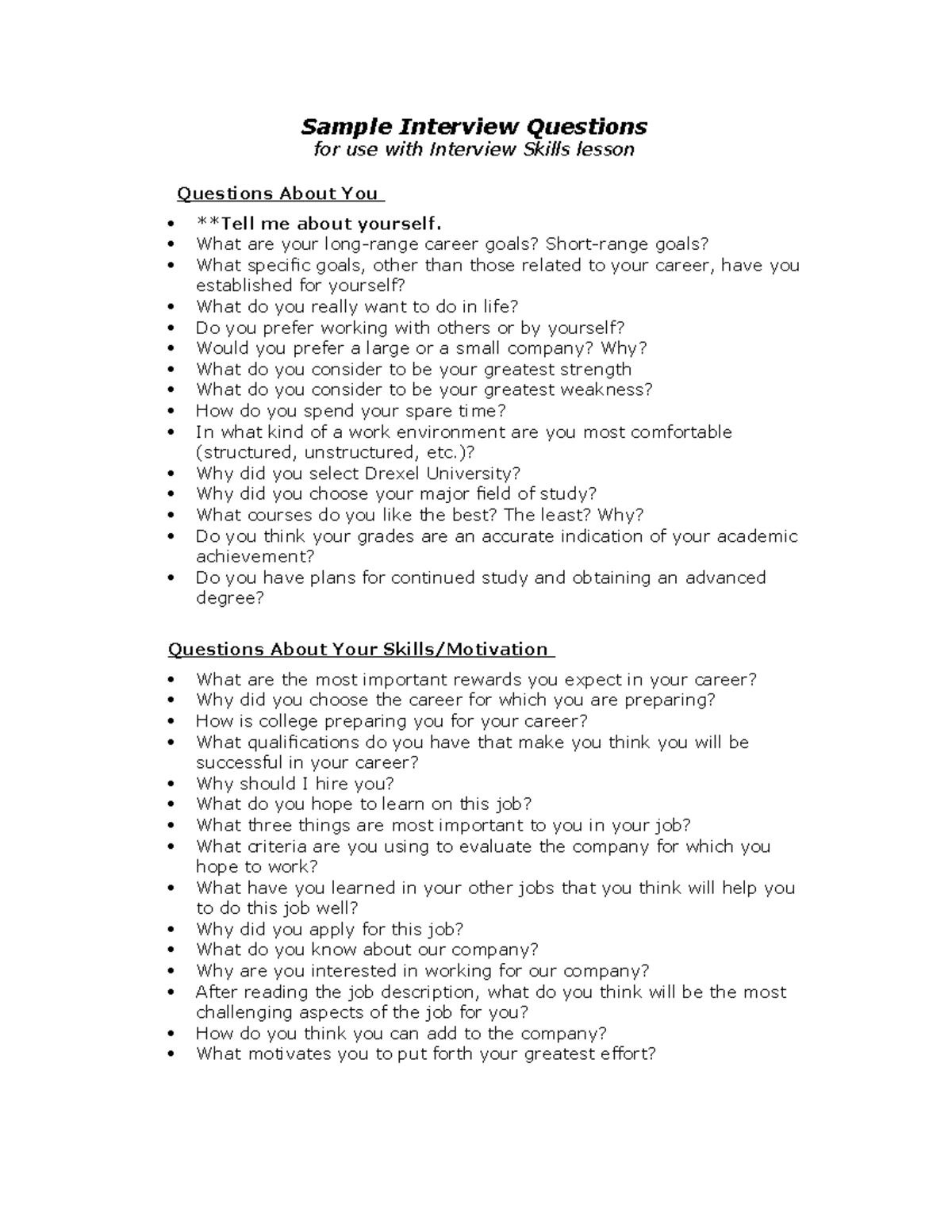 Interview questions - What are your career goals? goals? What speciﬁc ...