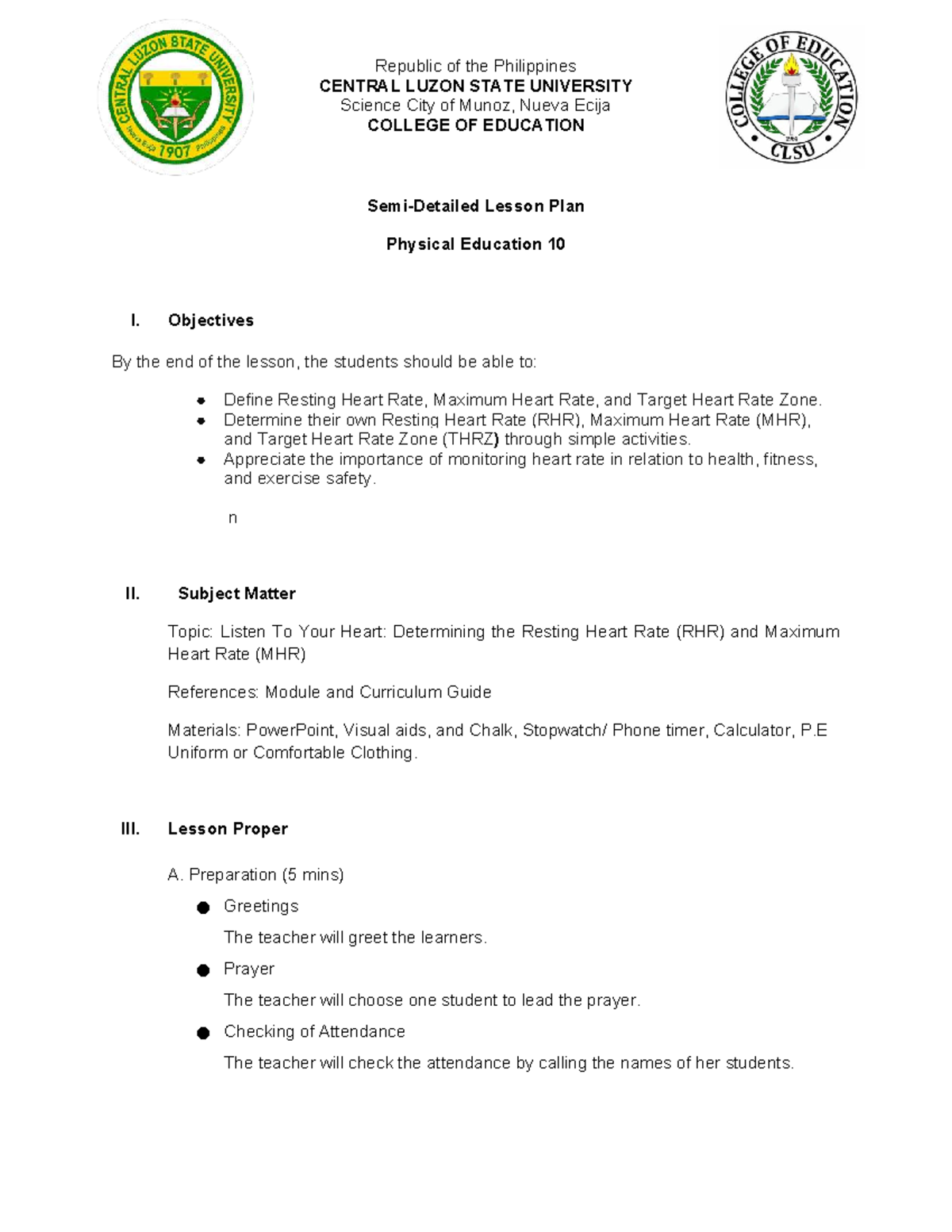 PE 10 Lesson Plan: Understanding Heart Rate Zones and Health - Studocu