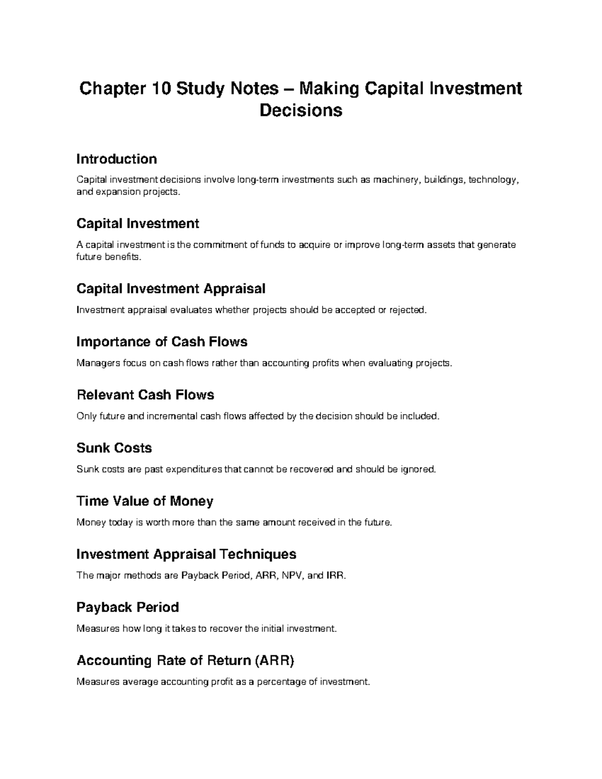 Chapter 10 Study Notes – Capital Investment Decisions - Studocu