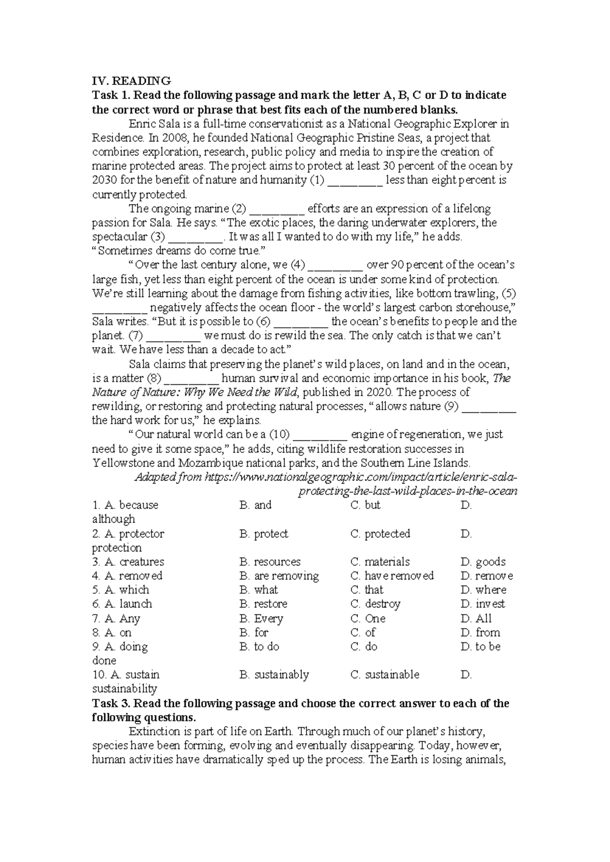 IV. READING Task 1 & 3: Conservation Biology & Ecosystem Value - Studocu