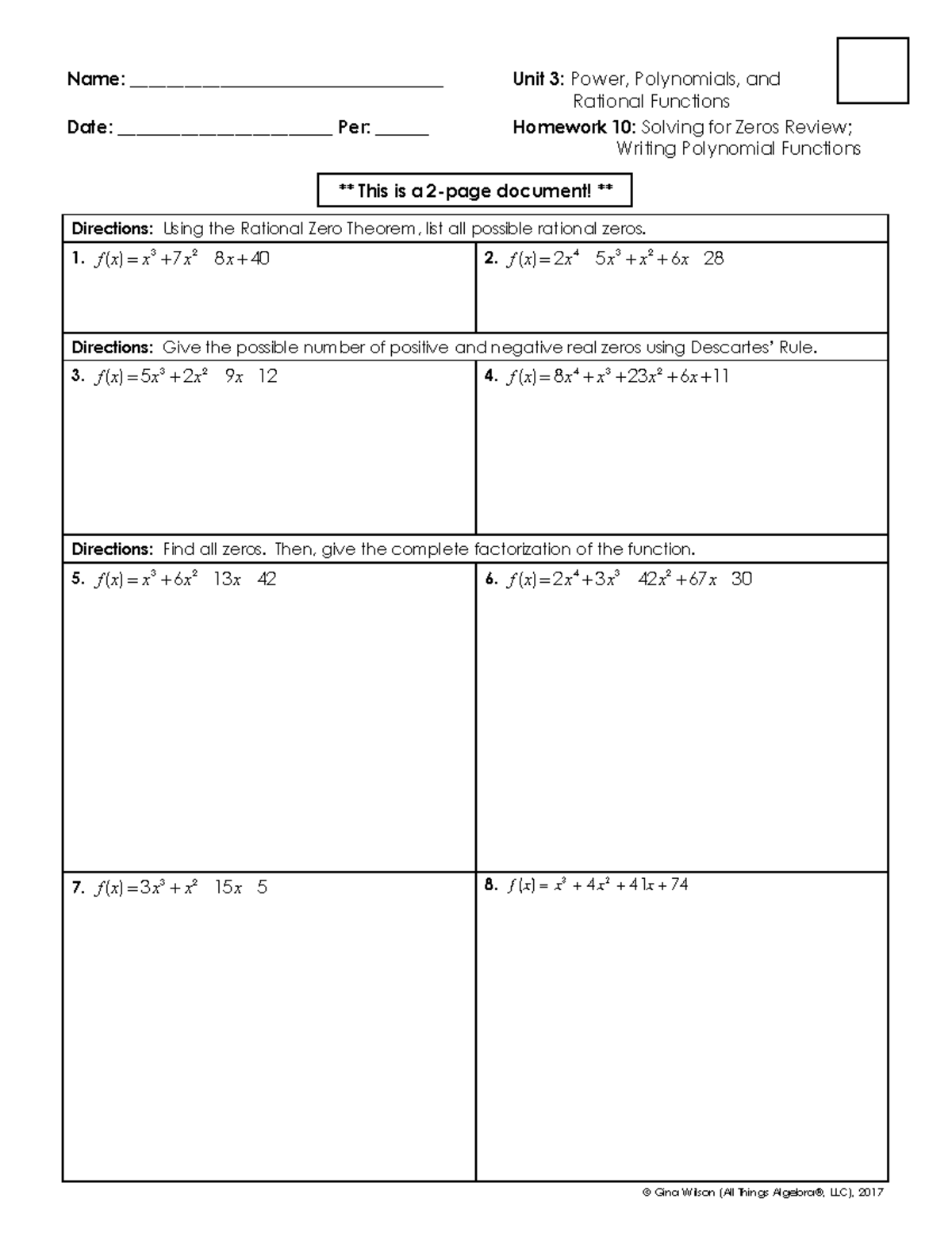 Writing Functions HW: Power, Polynomials, & Rational Functions - Studocu