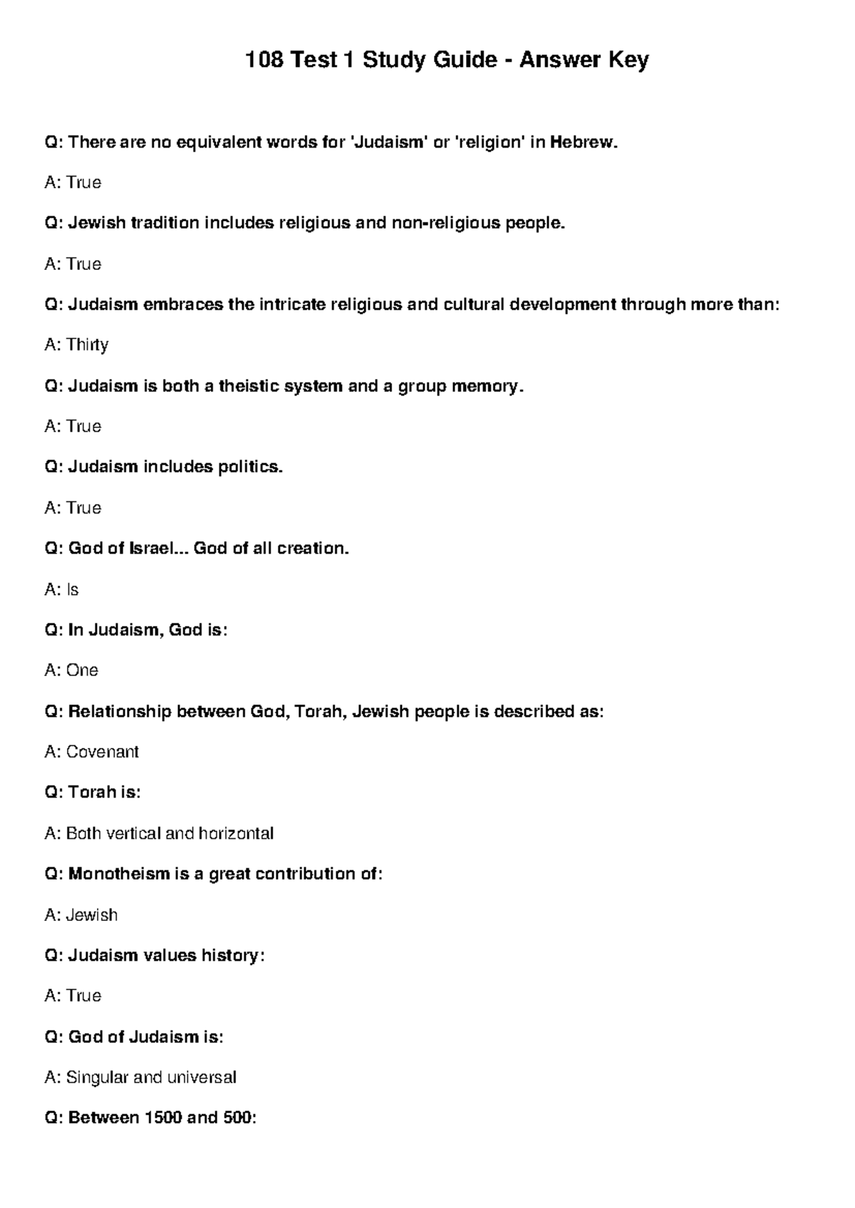 108 Test 1 Study Guide: Key Answers on Judaism Concepts - Studocu