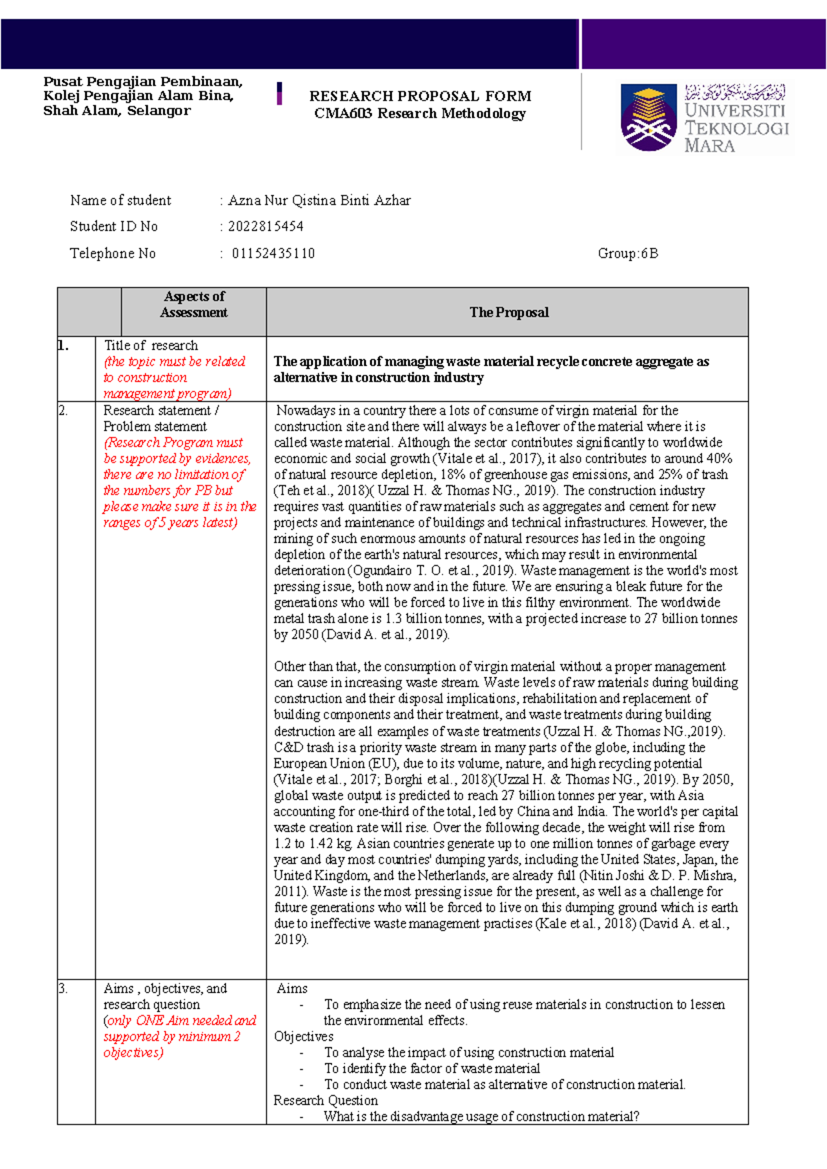 CMA603-Research Proposal Template - Name of student : Azna Nur Qistina ...