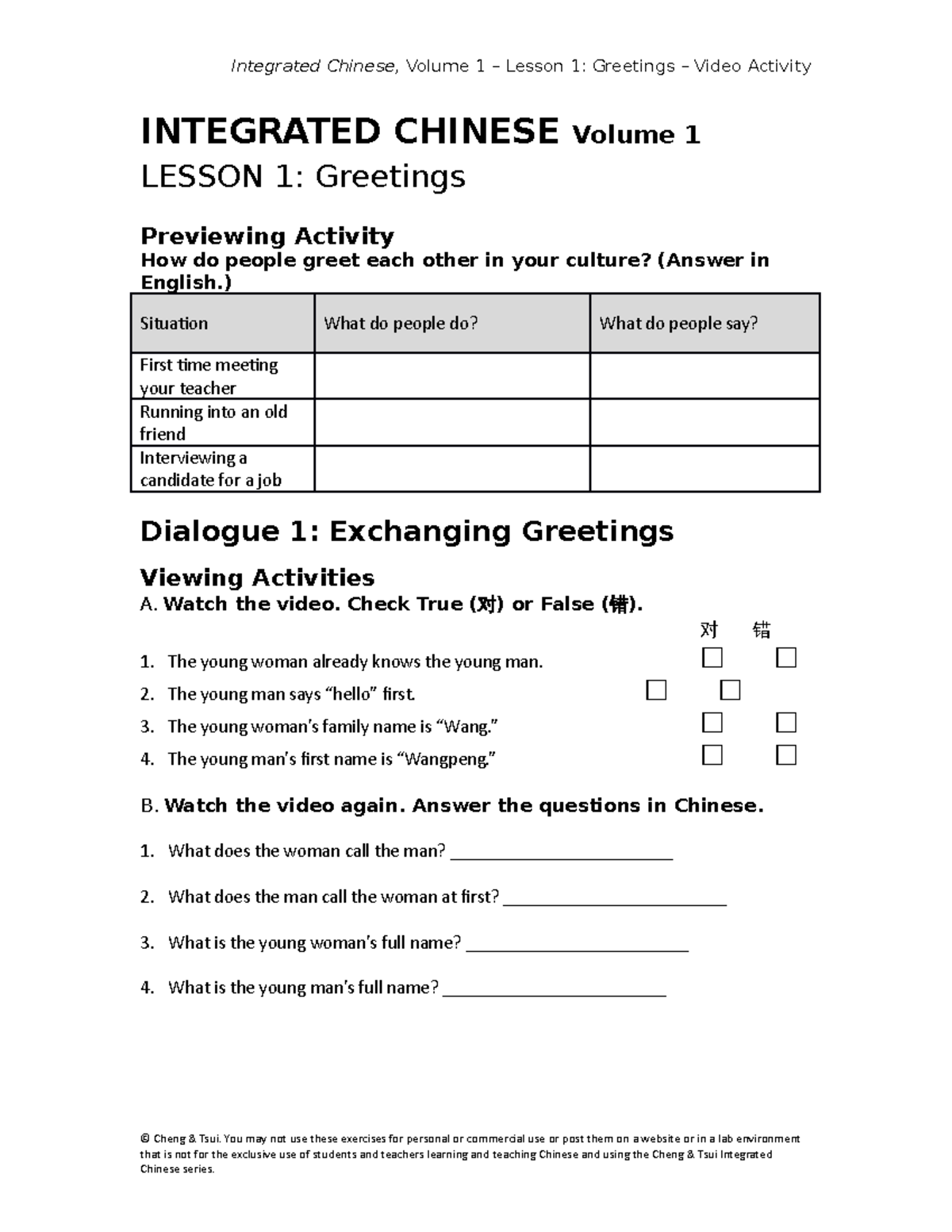 IC1 4E TR L01 Video Activity Worksheet - Lesson 1 Greetings - Studocu