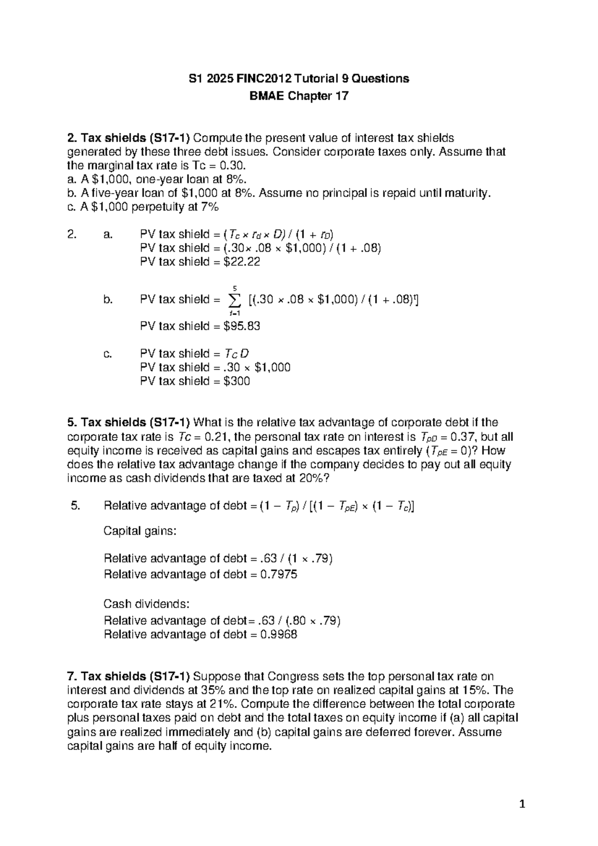 FINC2012 Tutorial 9 Questions & Solutions on Tax Shields and Financial ...