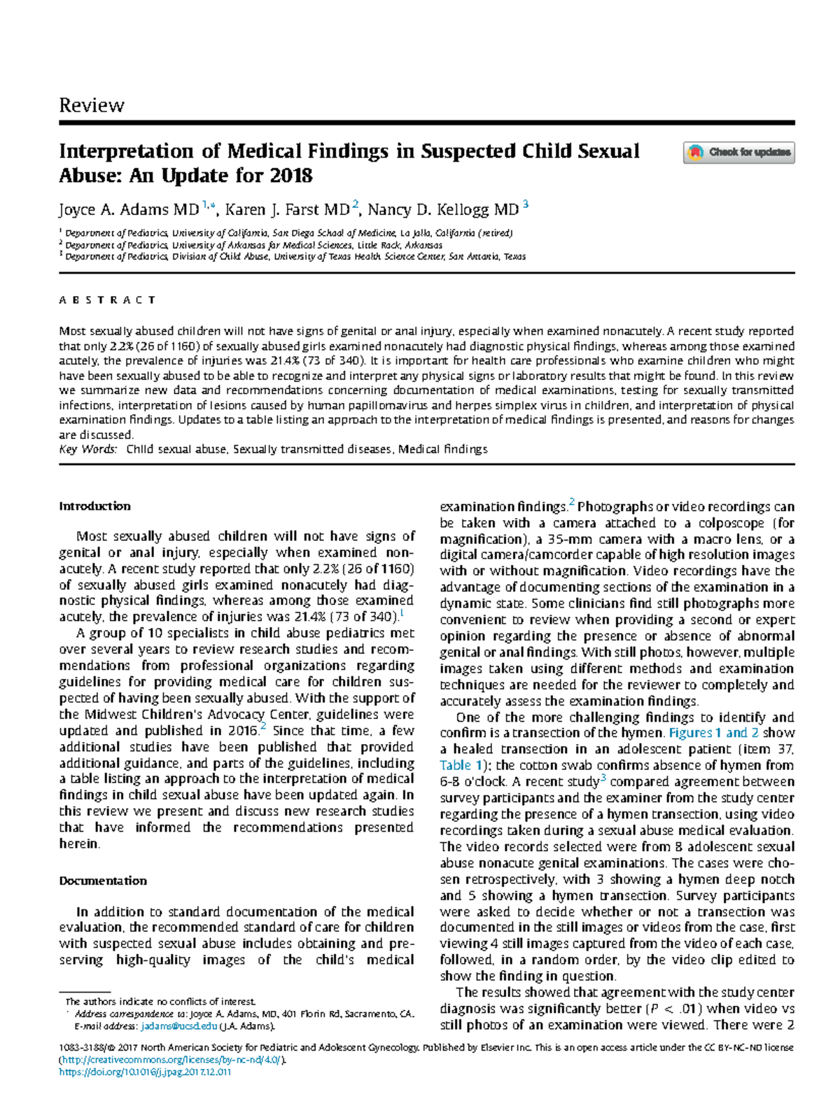 Adams 2018: Updated Guidelines on Medical Findings in Child Sexual ...
