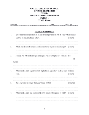 History PP2 QS 2024 - Good - 311/2 - HISTORY AND GOVERNMENT - Paper 2 ...