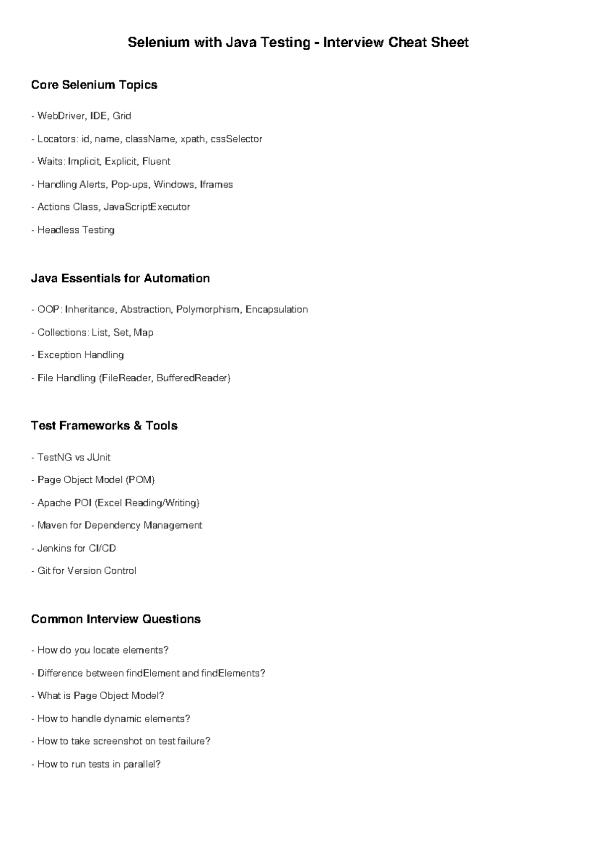 Selenium Java Interview Cheat Sheet: Core Topics & Key Qs - Studocu