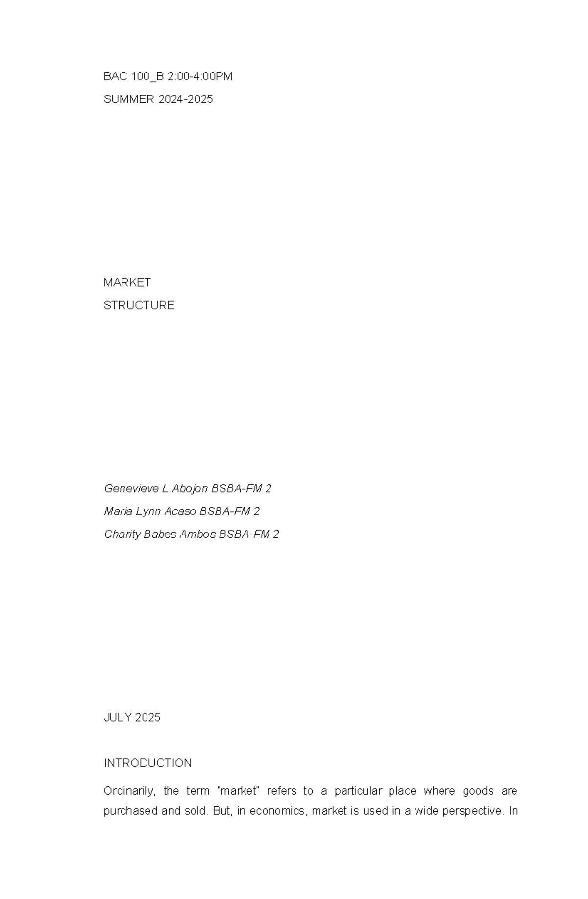 BAC 100_B SUMMER MARKET STRUCTURE: Understanding Market Types and ...