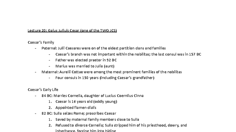 Lecture 20: Gaius Julius Caesar's Early Life and Political Rise - Studocu