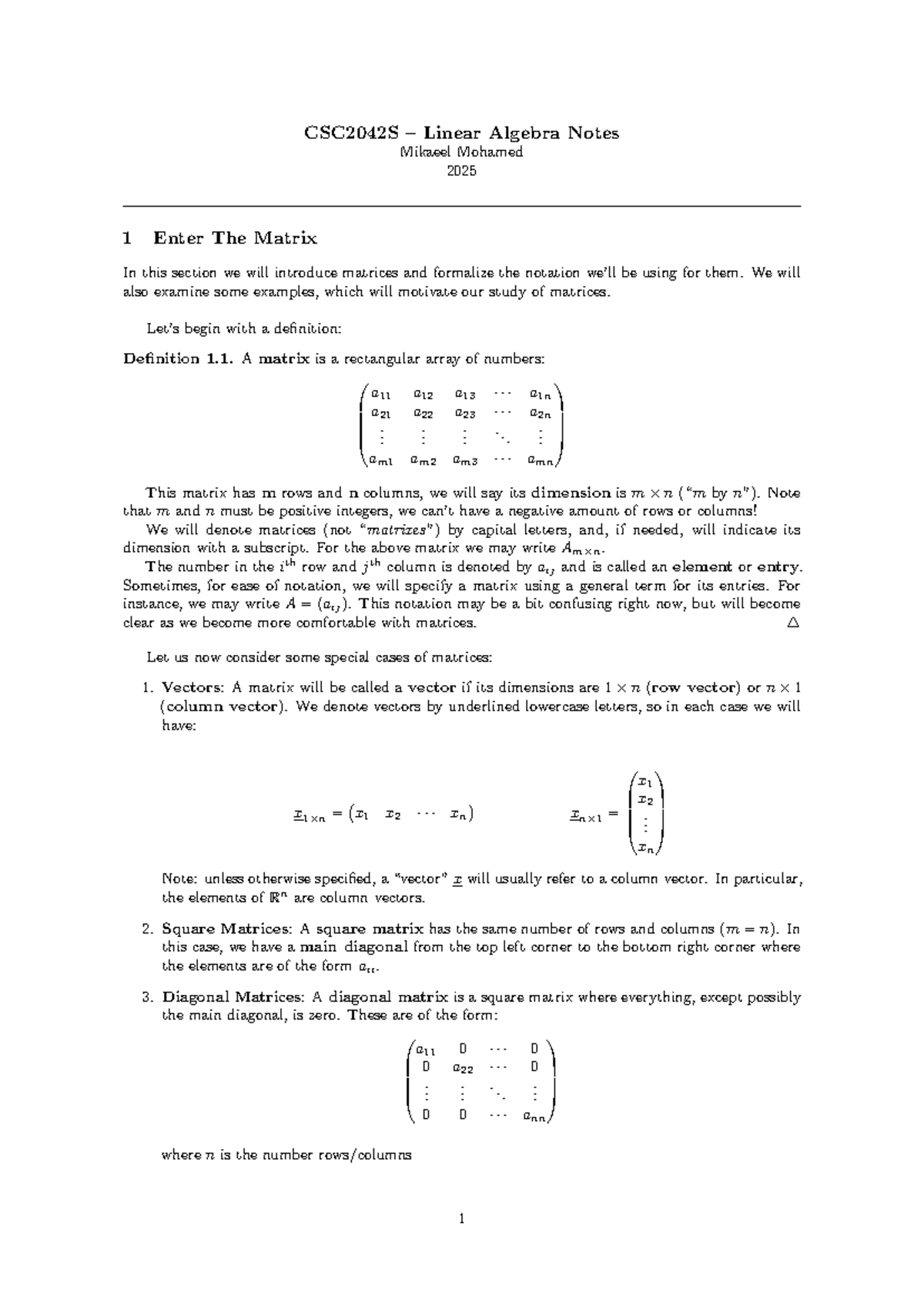 CSC2042S Linear Algebra Lecture Notes: Matrices and Operations - Studocu