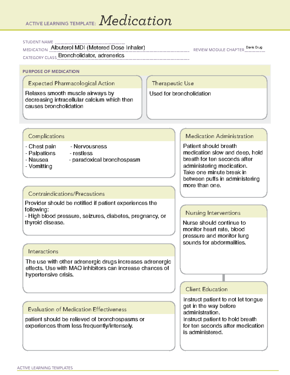 ACTIVE LEARNING TEMPLATE: Albuterol MDI (Metered Dose Inhaler) - Studocu