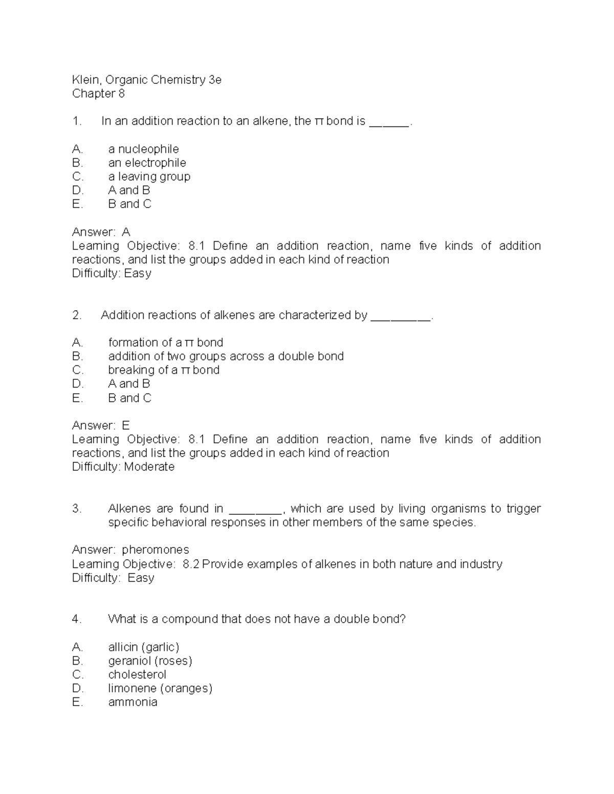Chapter 8 Test Bank Questions for Organic Chemistry (Klein, 3rd Edition ...