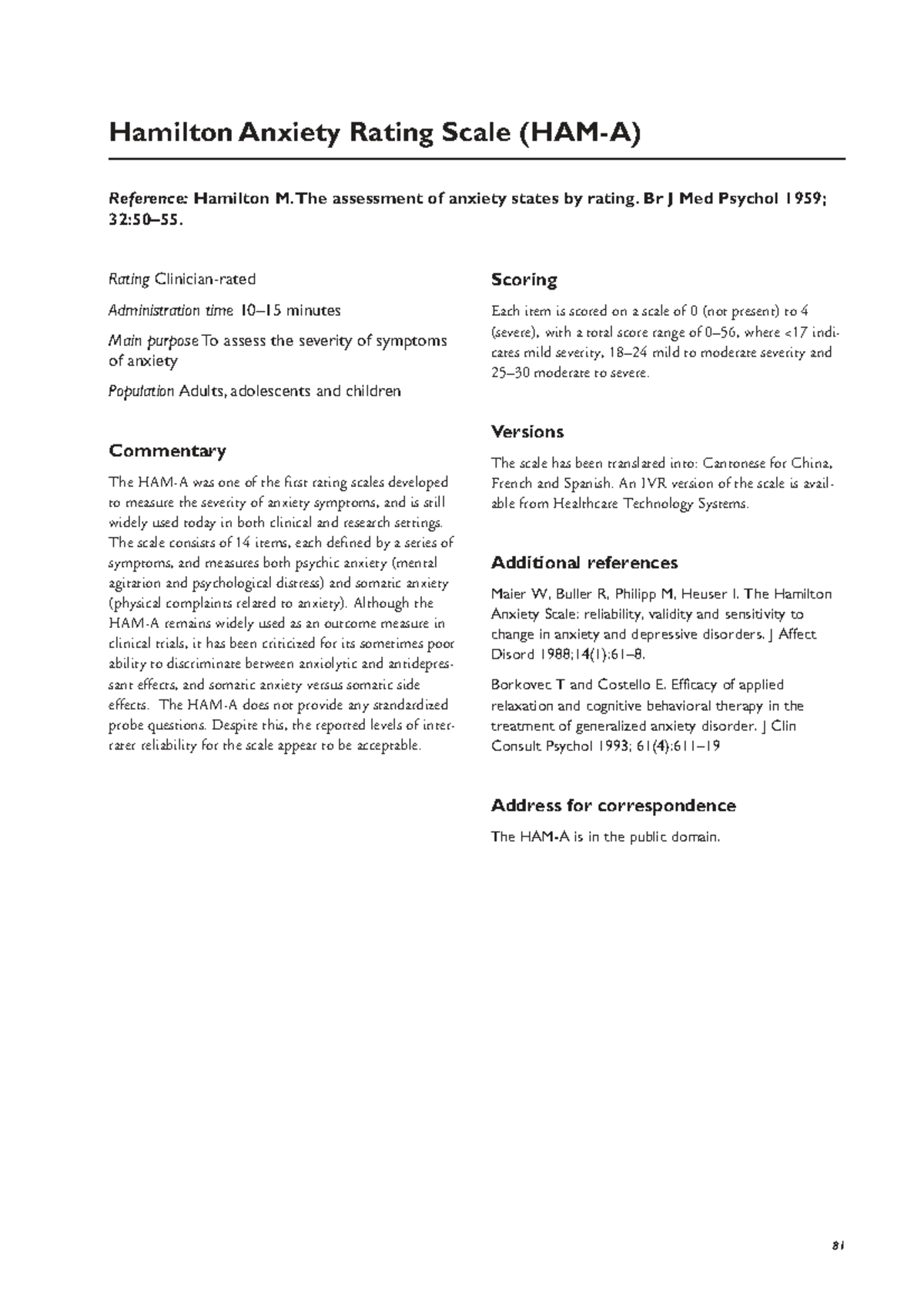 Hamilton Anxiety Rating Scale: Overview and Scoring Details - Studocu