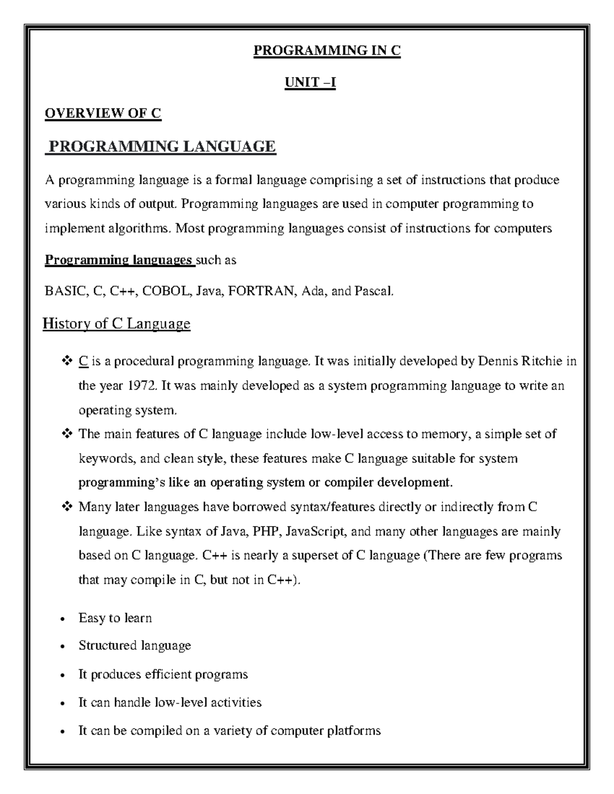 C Programming Overview: Units 1-4 Summary and Key Concepts - Studocu