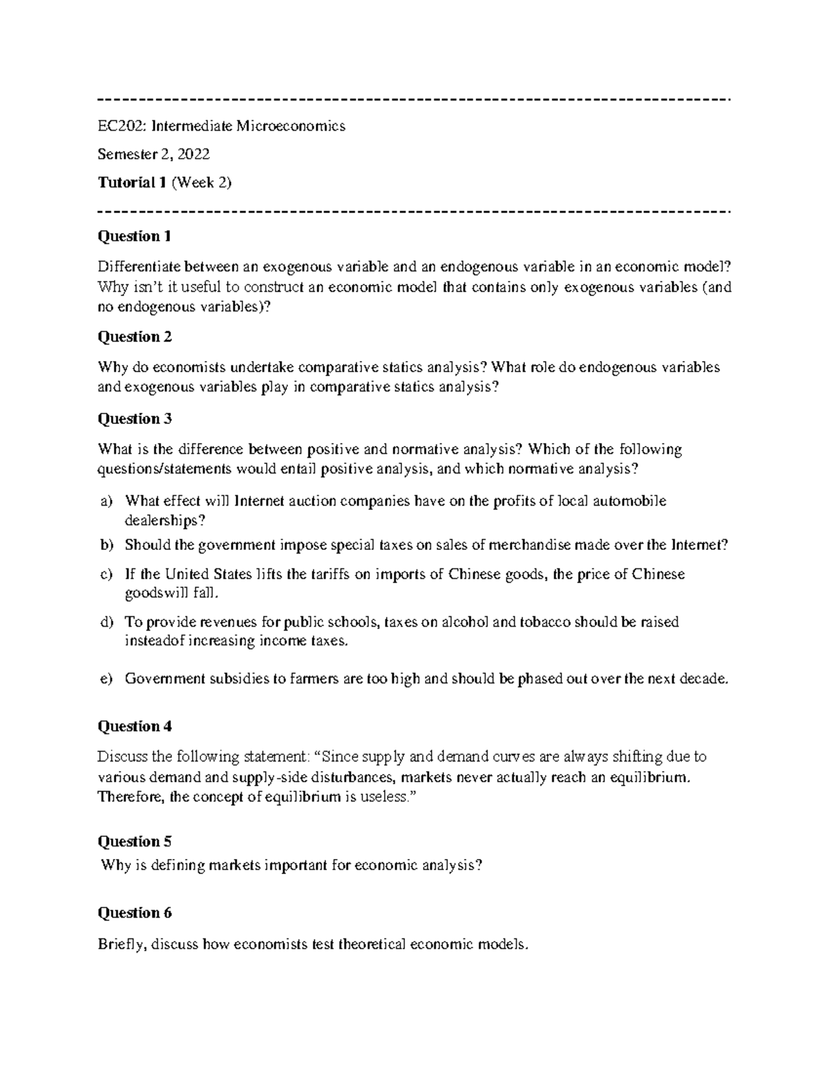 Tutorial 1 - EC202: Intermediate Microeconomics Semester 2, 2022 ...