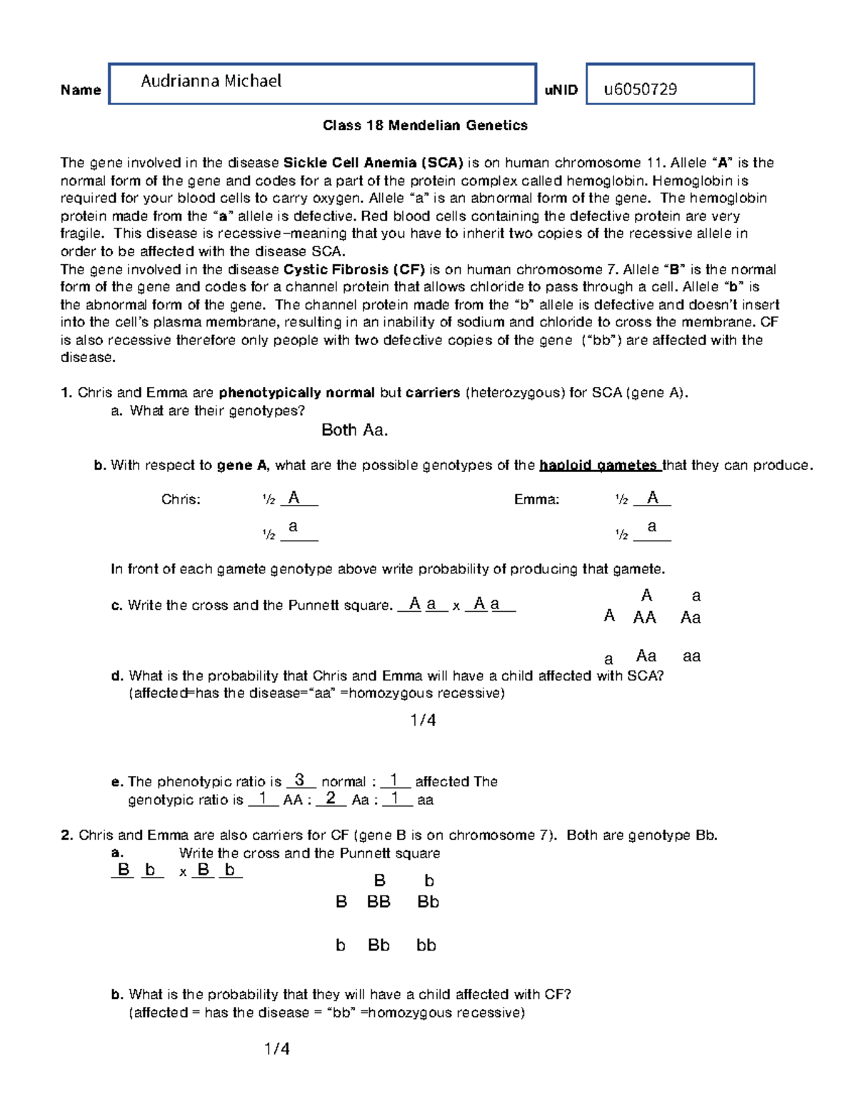 03-Worksheet 18 Mendelian Genetics Sp'25: Sickle Cell & CF Analysis ...