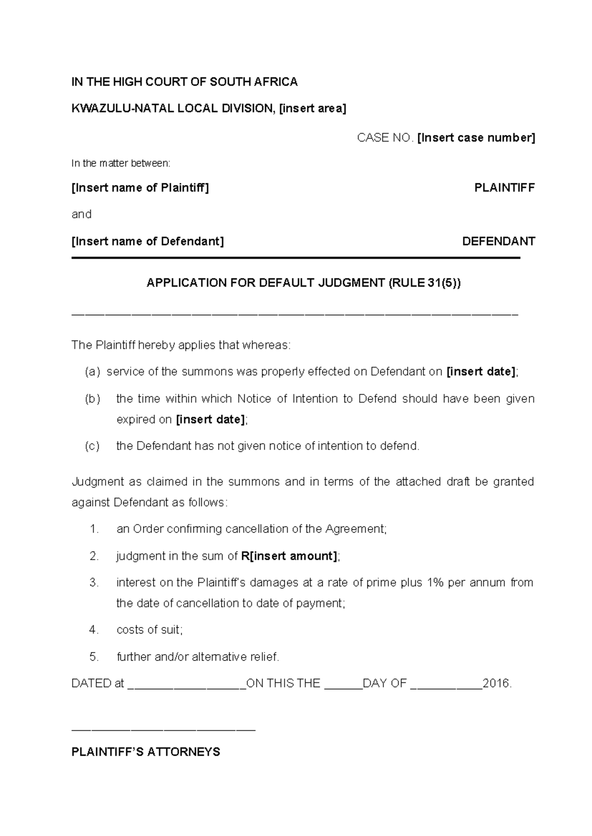 Application for Default Judgment - High Court Case No. [Insert case ...