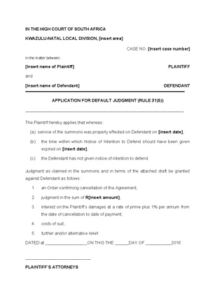 Request for Default Judgment per Rule 31 - High Court Application - Studocu