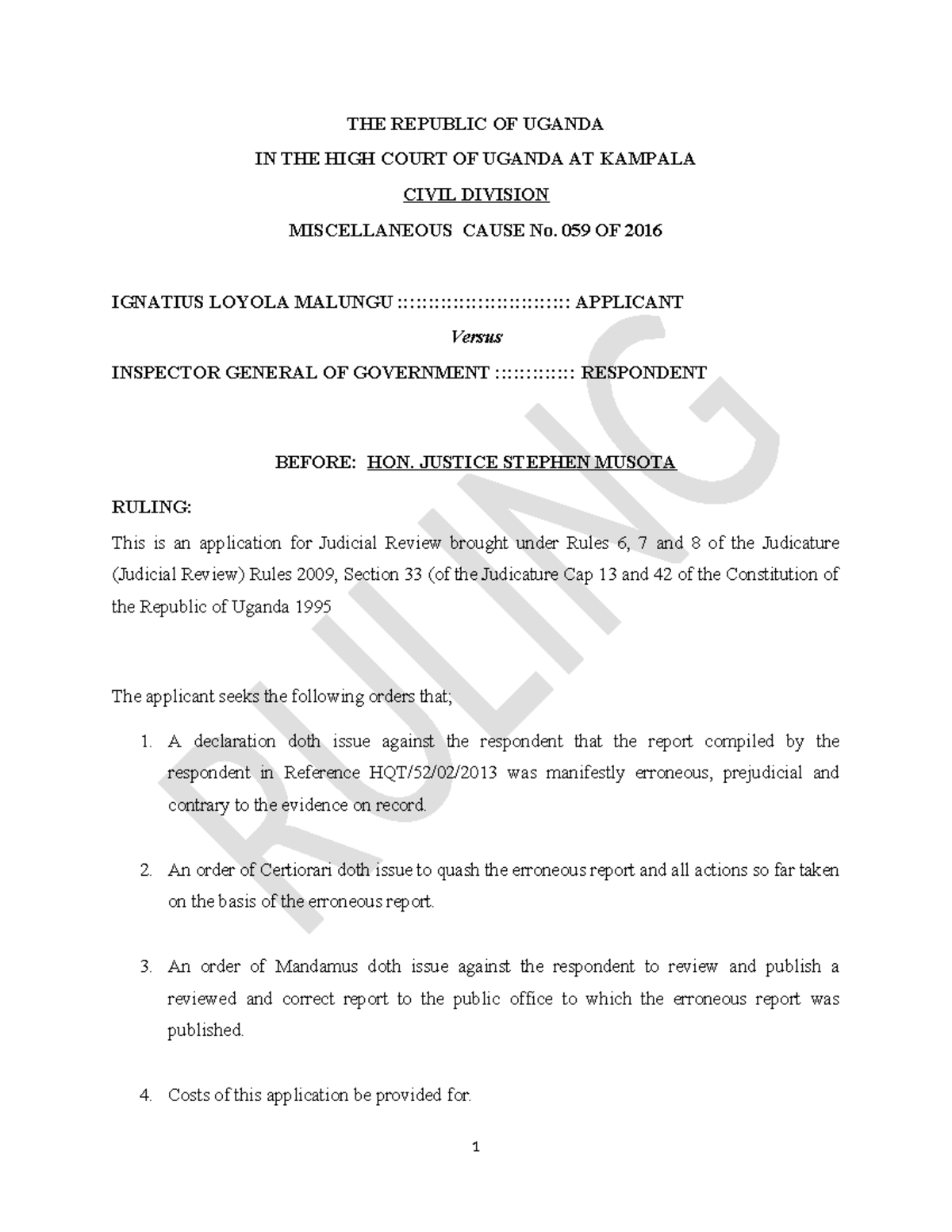 Judicial Review Ruling: Loyola v Inspector General of Government (Misc ...