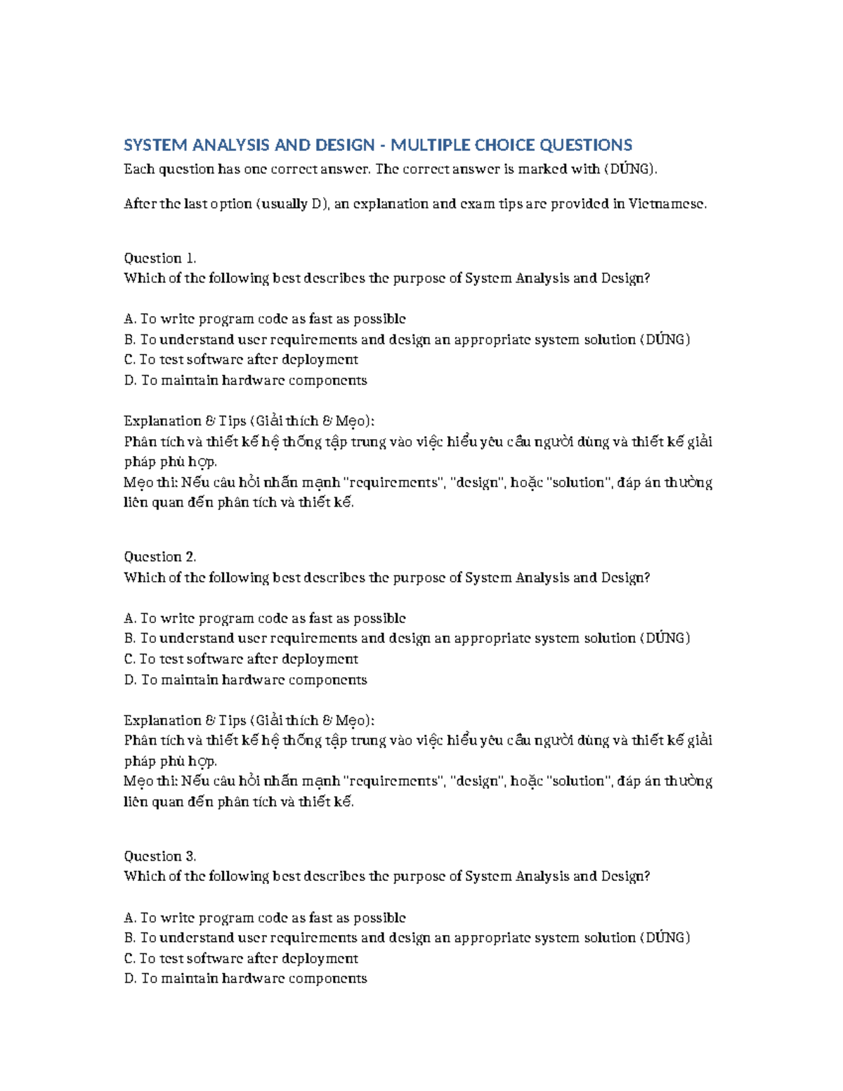 System Analysis and Design 100 MCQ Questions and Explanations - Studocu