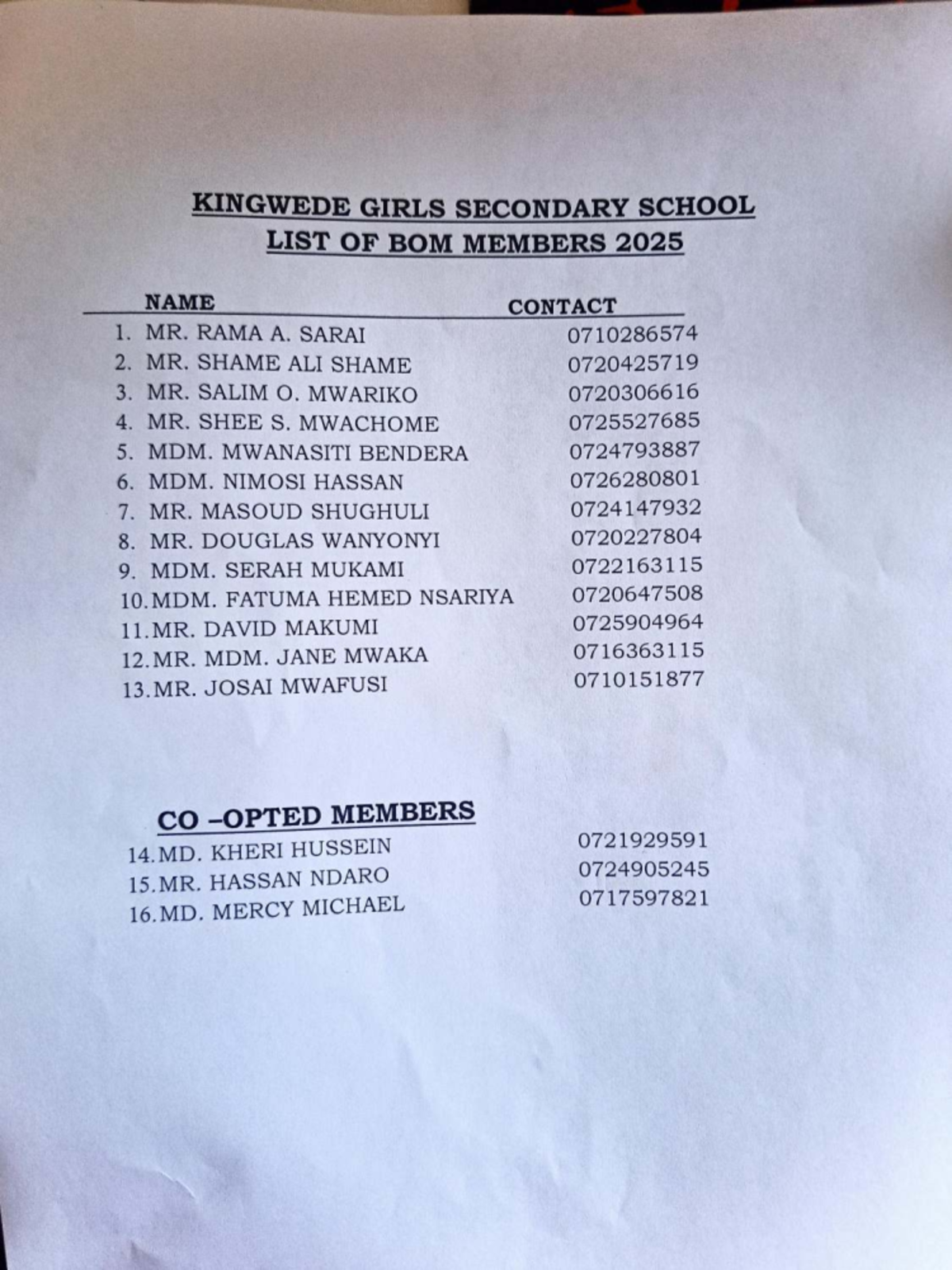 KINGWEDE GIRLS SECONDARY SCHOOL BOM & PA MEMBERS LIST 2025-2026 - Studocu