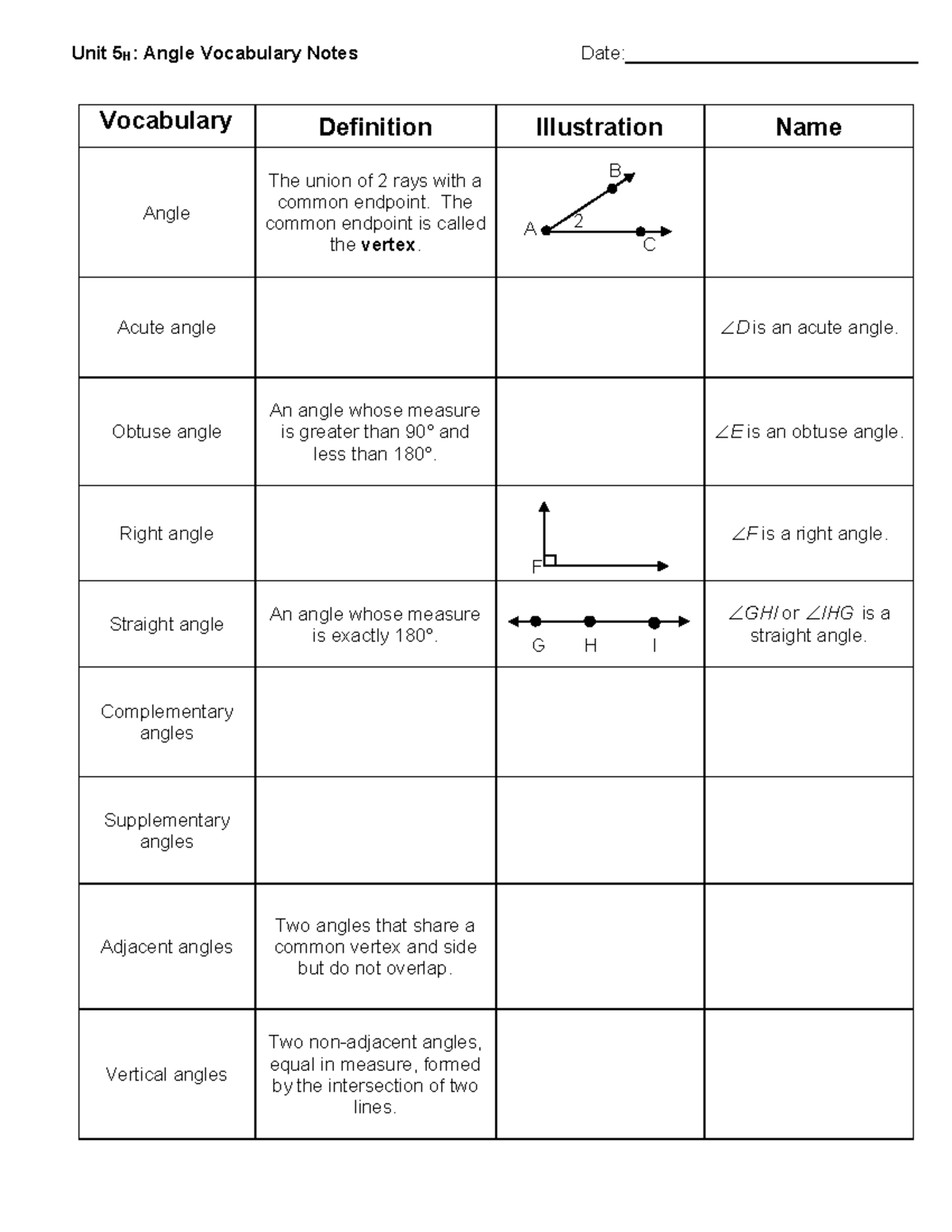 Notes - Angle Vocabulary Notes - Unit 5 H: Angle Vocabulary Notes Date ...