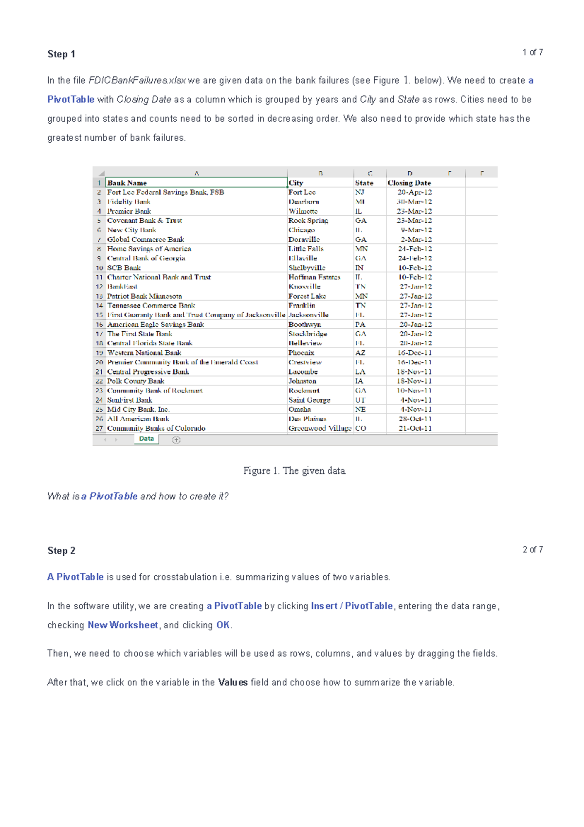 FDIC Bank Failures Data Analysis: Creating a PivotTable Quizlet - Studocu