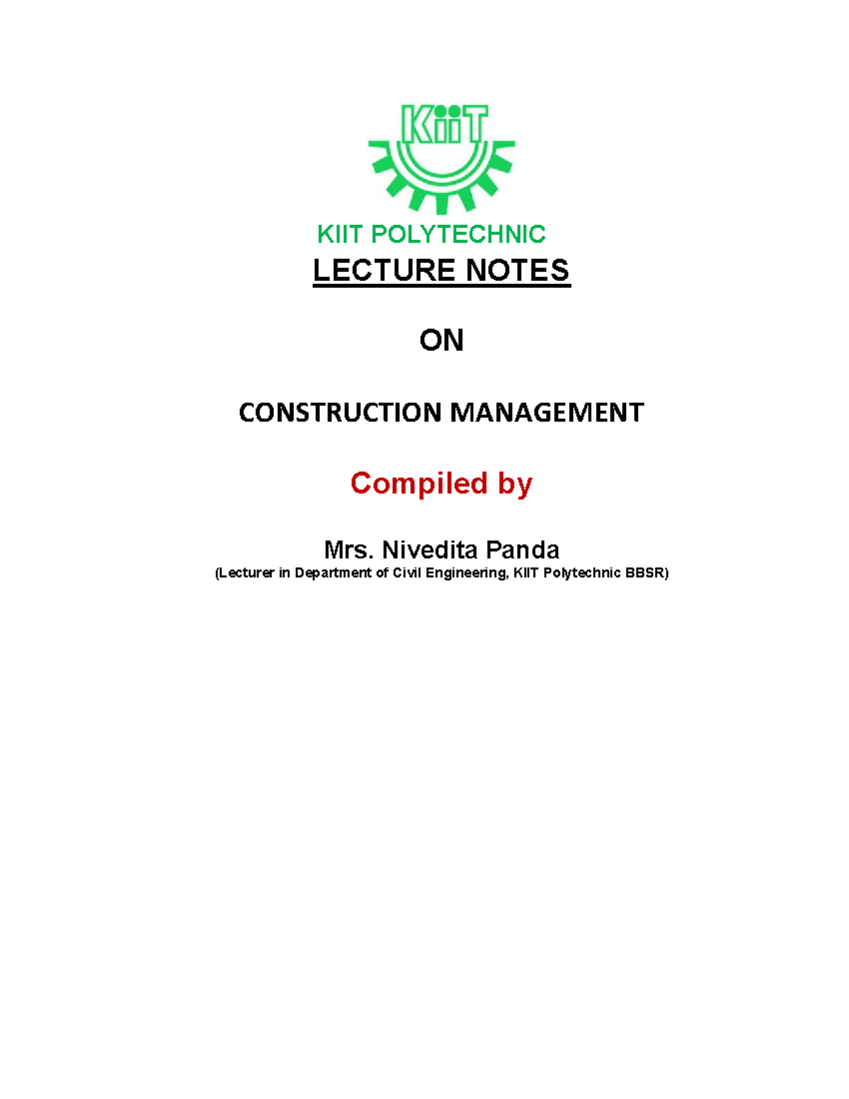 KIIT POLYTECHNIC 6th Sem Construction Management Lecture Notes - Studocu
