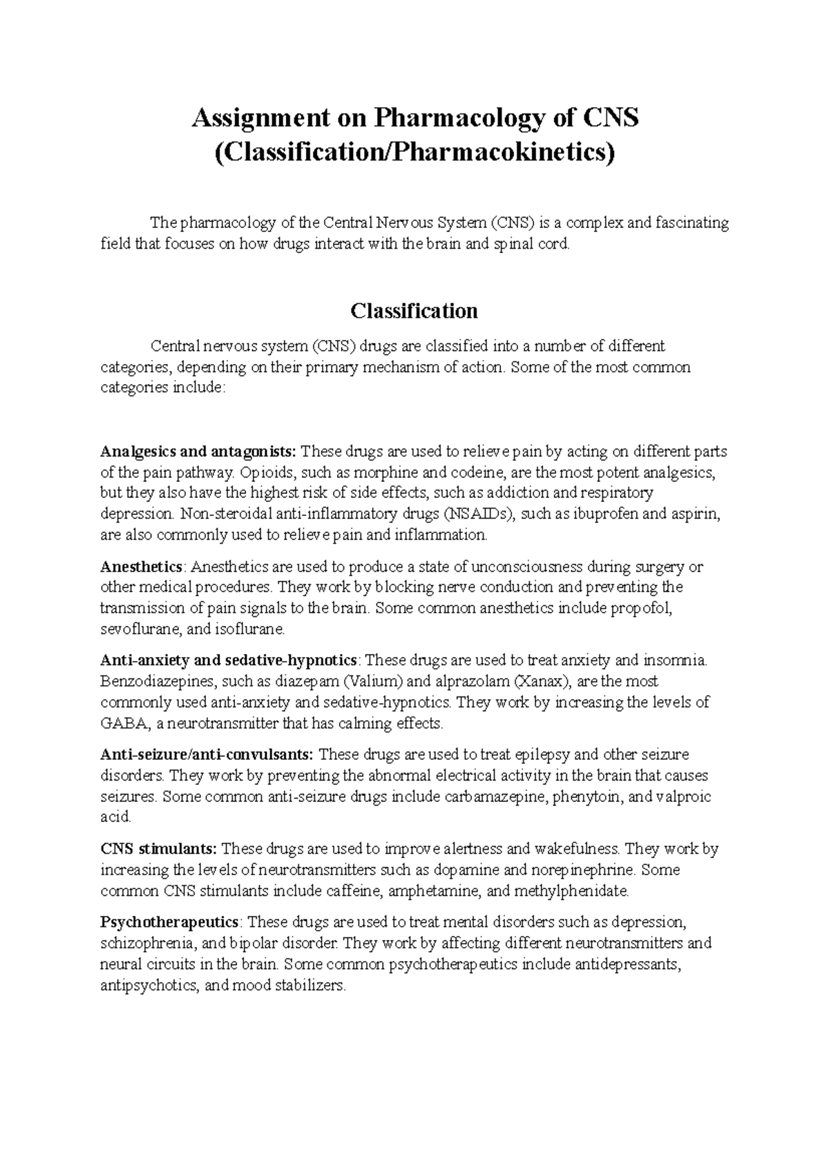 Pharmacology Assignment - Assignment on Pharmacology of CNS ...