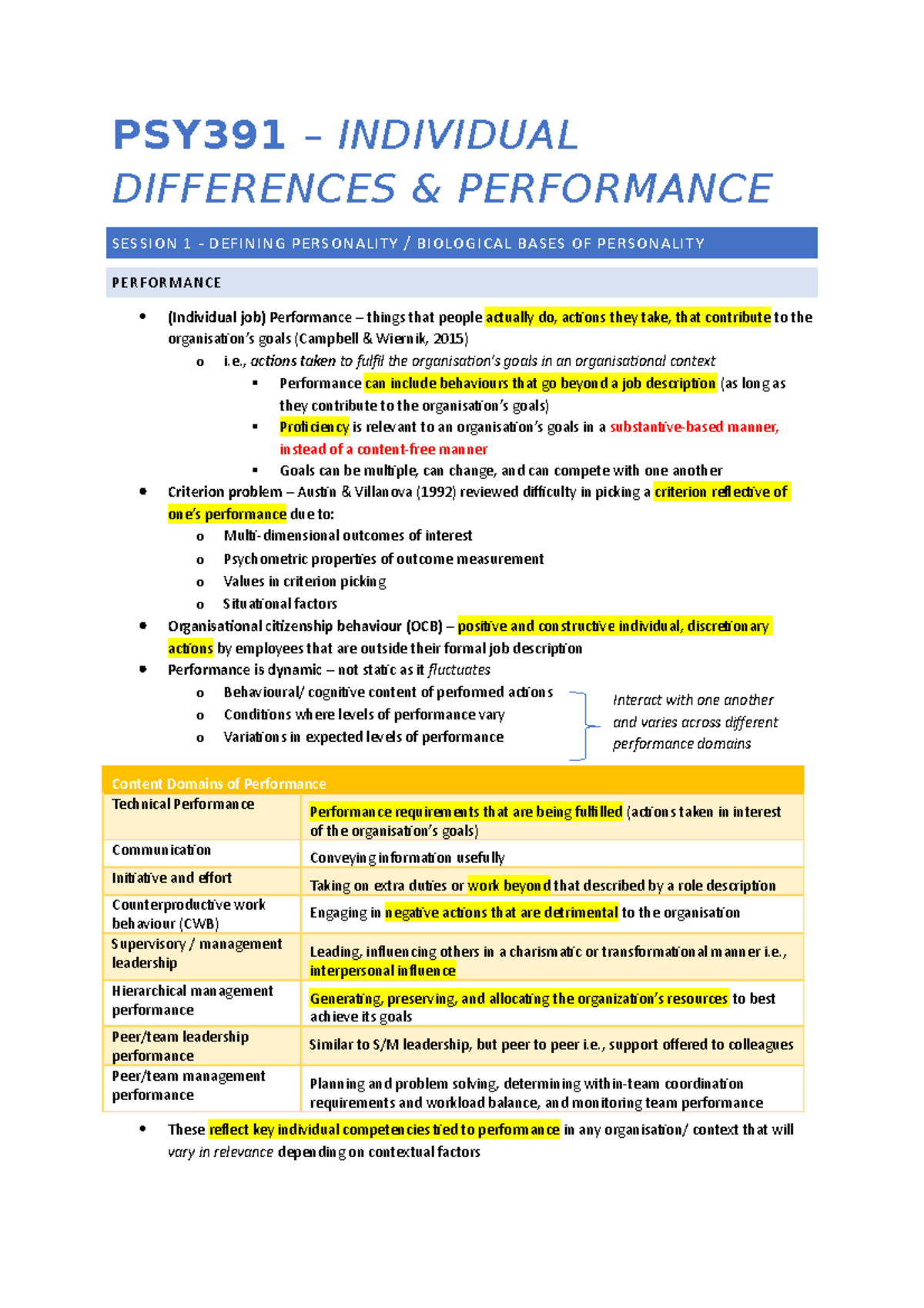 PSY391 Notes - all the best - PSY391 – INDIVIDUAL DIFFERENCES ...