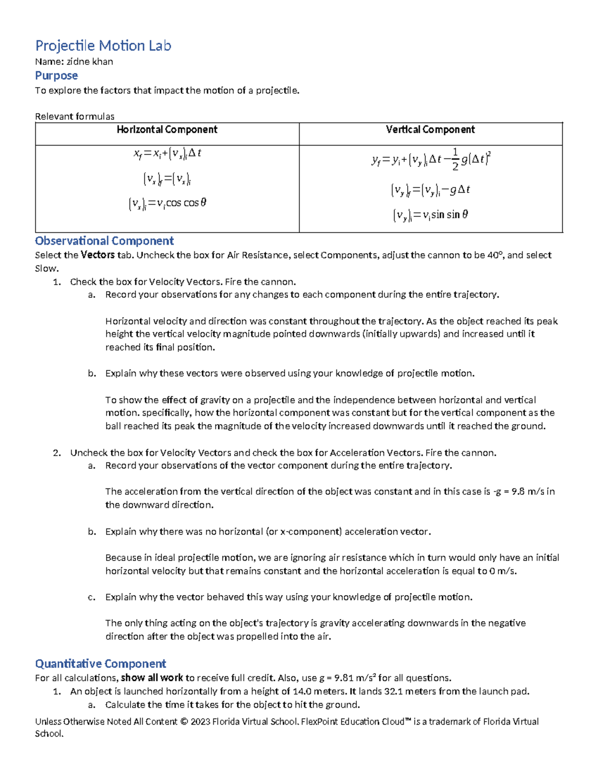 Projectile motion lab worksheet - Projectile Motion Lab Name: zidne ...