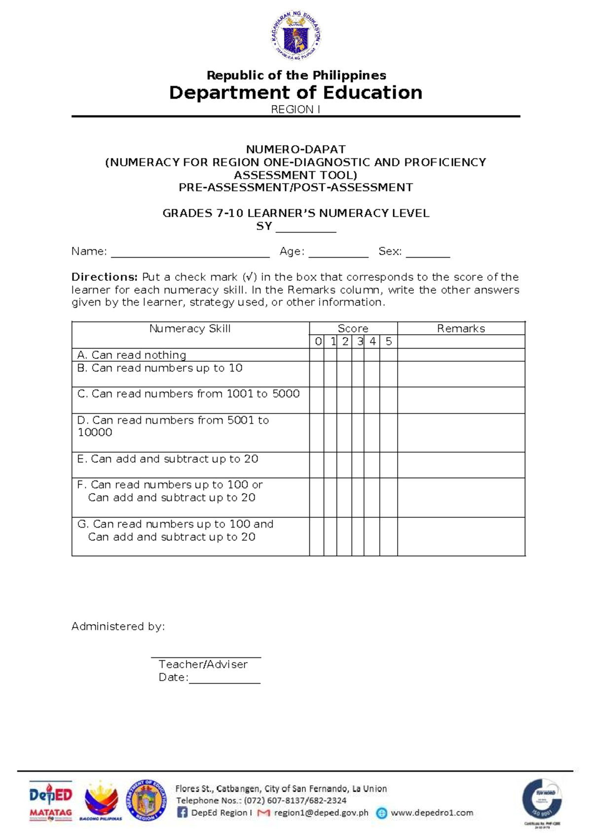 Numeracy Proficiency Assessment Tool for Grades JHS & SHS (RO) - Studocu