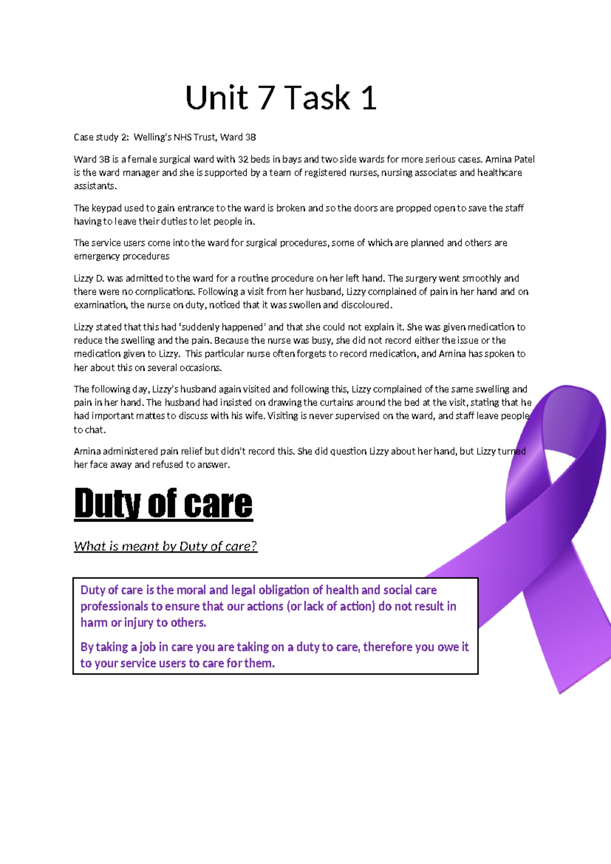 Unit 7 Task 1 - Case Study on Duty of Care in NHS Ward 3B - Studocu