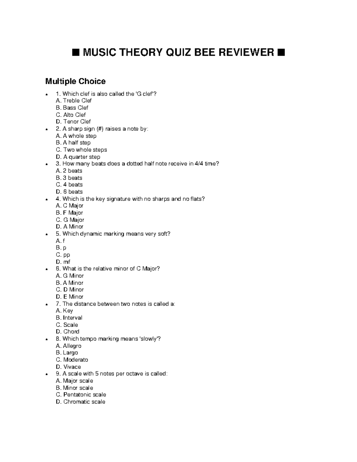 MUSIC THEORY QUIZ BEE REVIEWER: Key Concepts & Questions - Studocu
