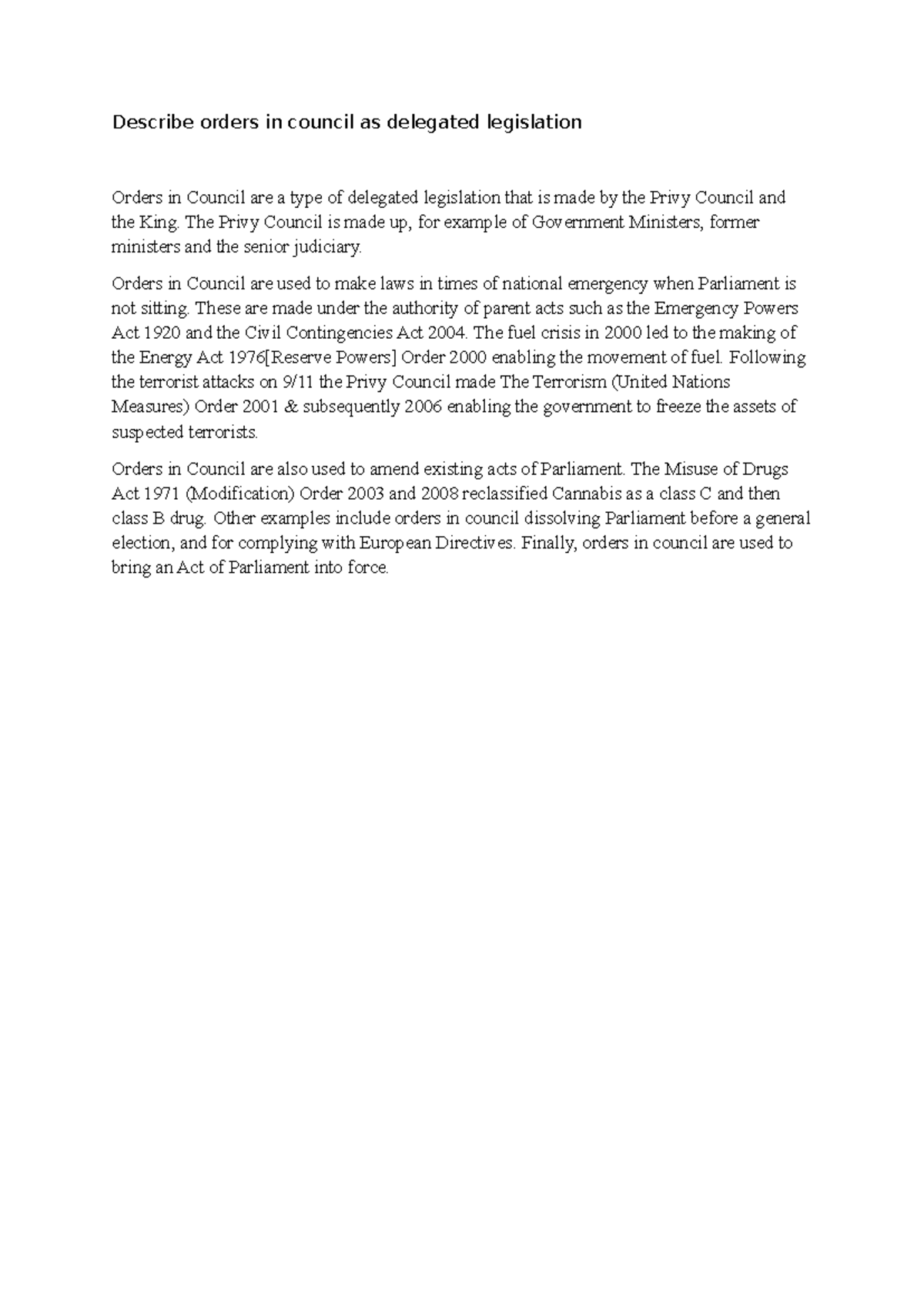 Understanding Orders in Council as Delegated Legislation - Studocu