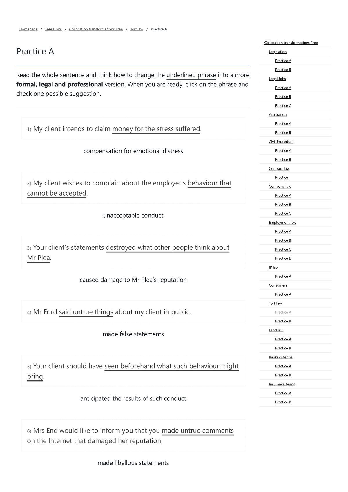 Torts Collocations Practice A - Completed Legal English Guide - Studocu