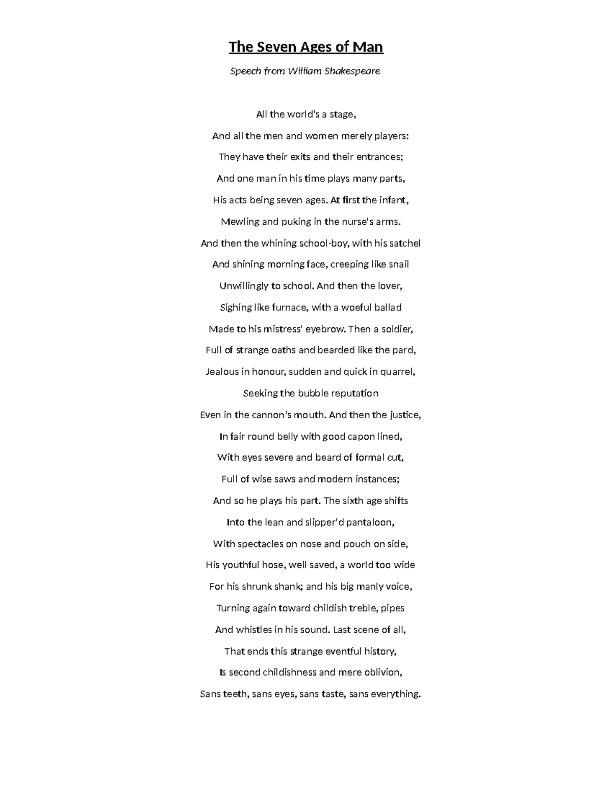 Speech Choir: Analyzing Shakespeare's "The Seven Ages of Man" - Studocu