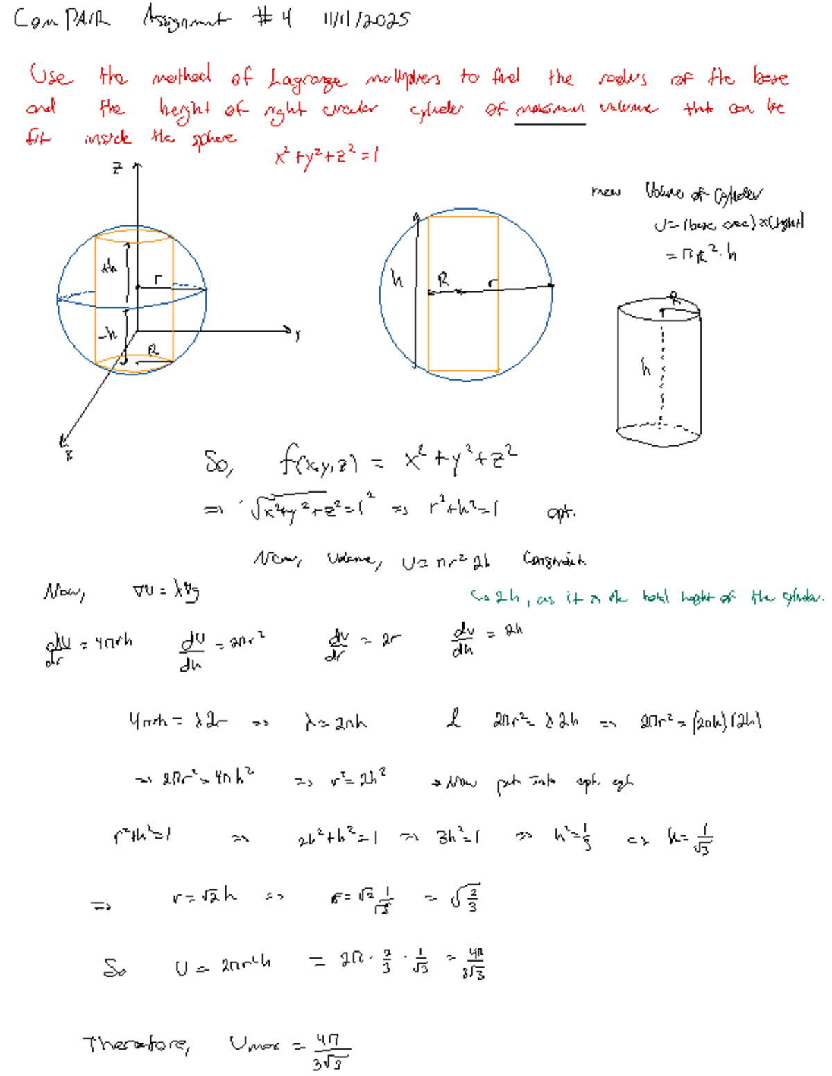 MATH 253 ComPAR Assignment 4: Maximizing Cylinder Volume Using Lagrange ...
