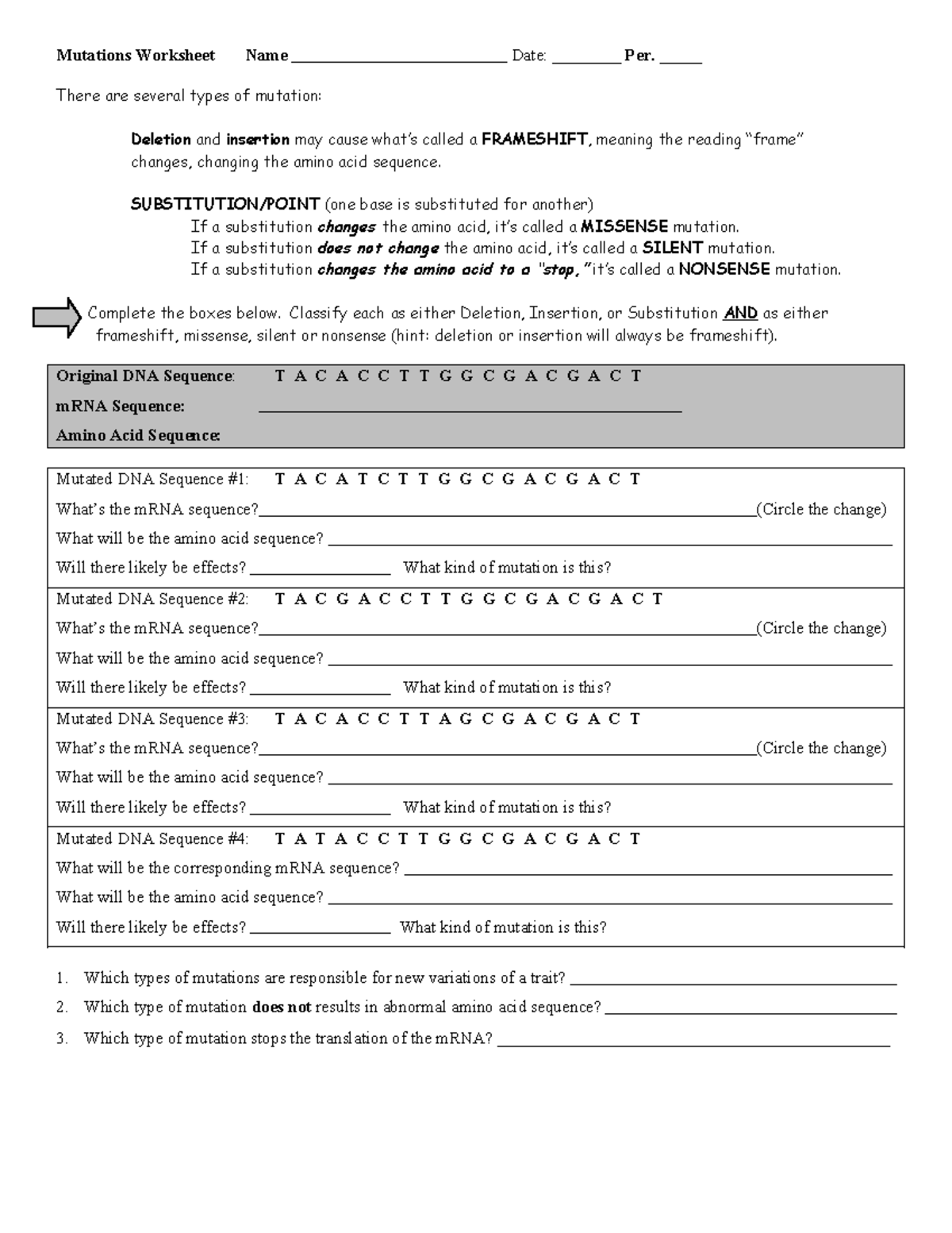 Mutations Worksheet - Types and Effects of Mutations - Studocu