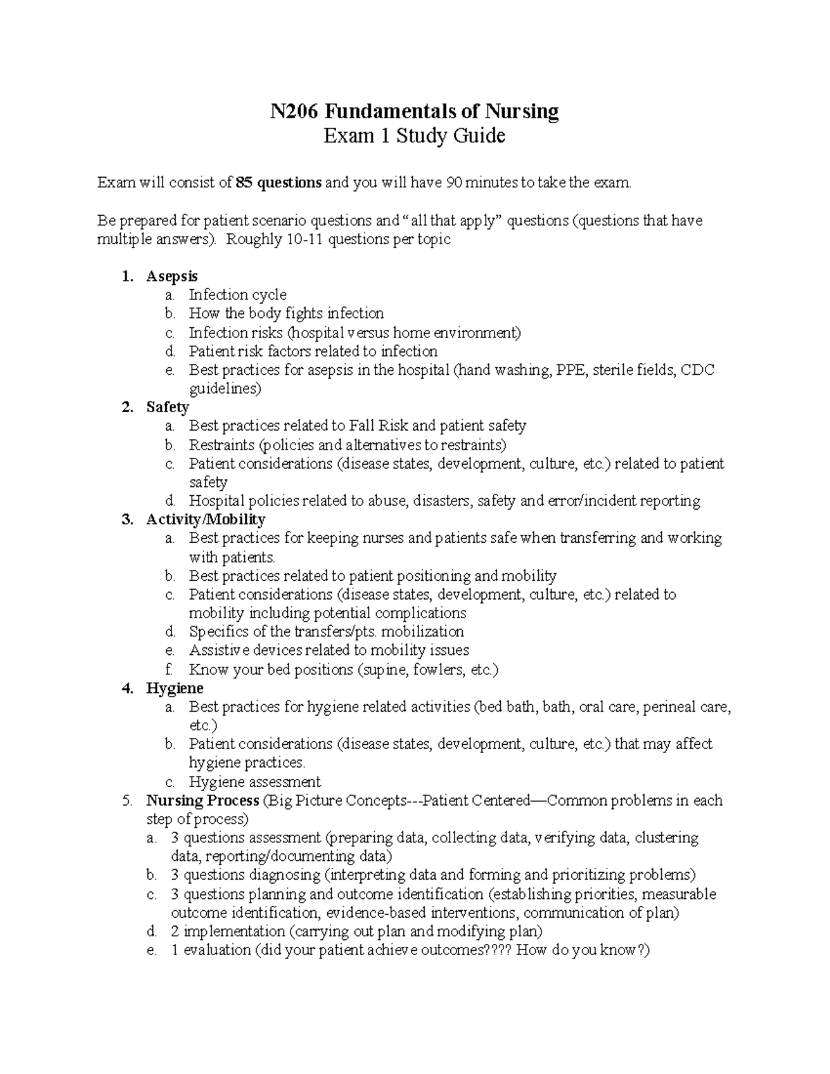 N206 Exam 1 Study Guide: Key Topics in Nursing Fundamentals - Studocu