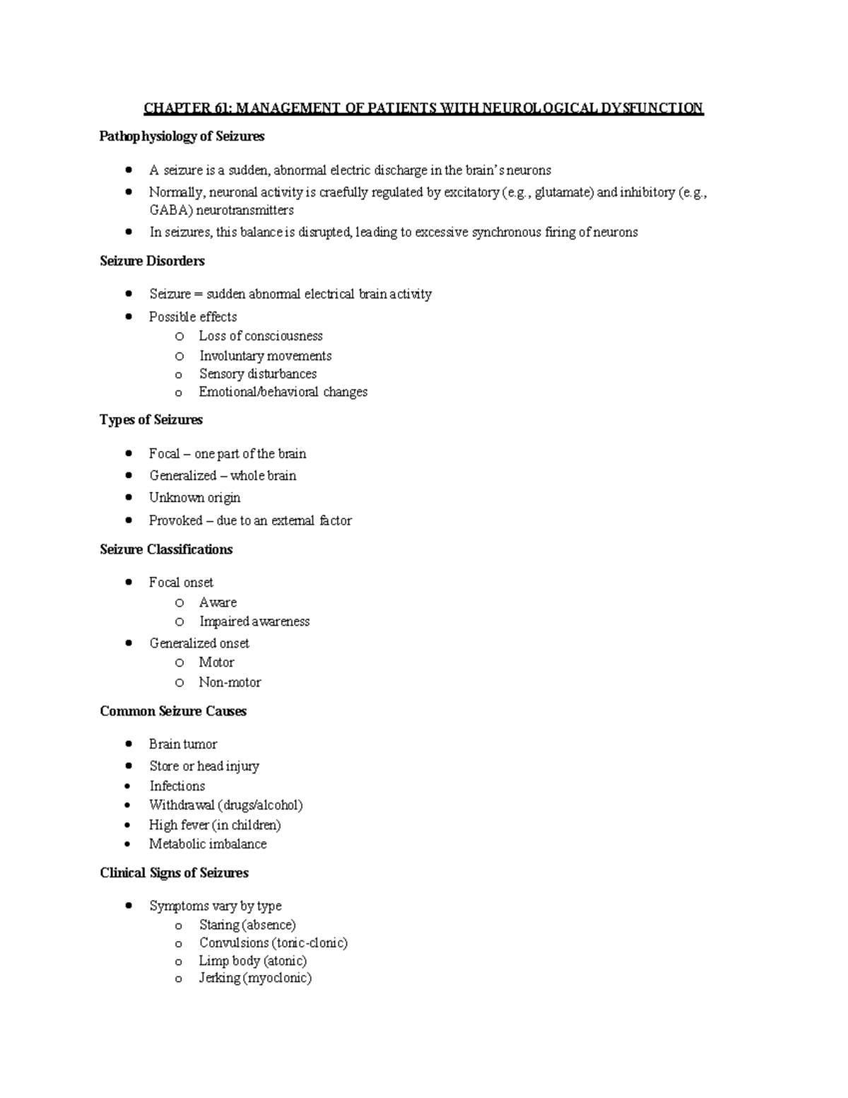 Module C: Chapter 61 - Management of Neurological Dysfunction and Seizures - Studocu