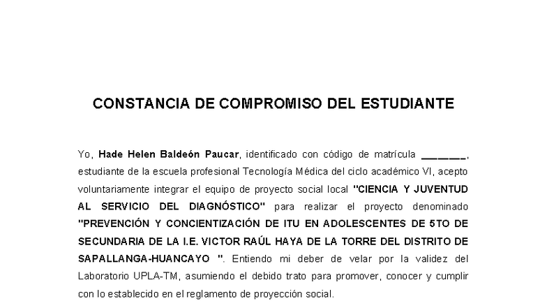 Constancia de Compromiso del Estudiante - Tecnología Médica VI - Studocu