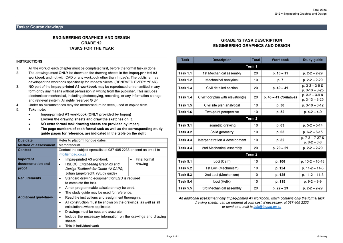 Grade 12 Engineering Graphics & Design Tasks: Yearly Overview and ...
