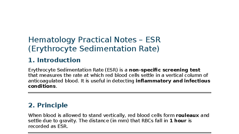 ESR Practical Notes: Westergren & Wintrobe Methods (Hematology, MLT ...