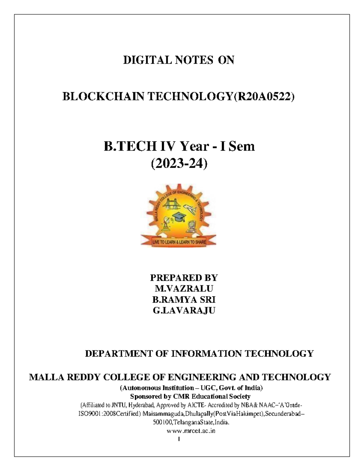 Digital Notes on Blockchain Technology (R20A0522) - B.Tech IV Year I ...